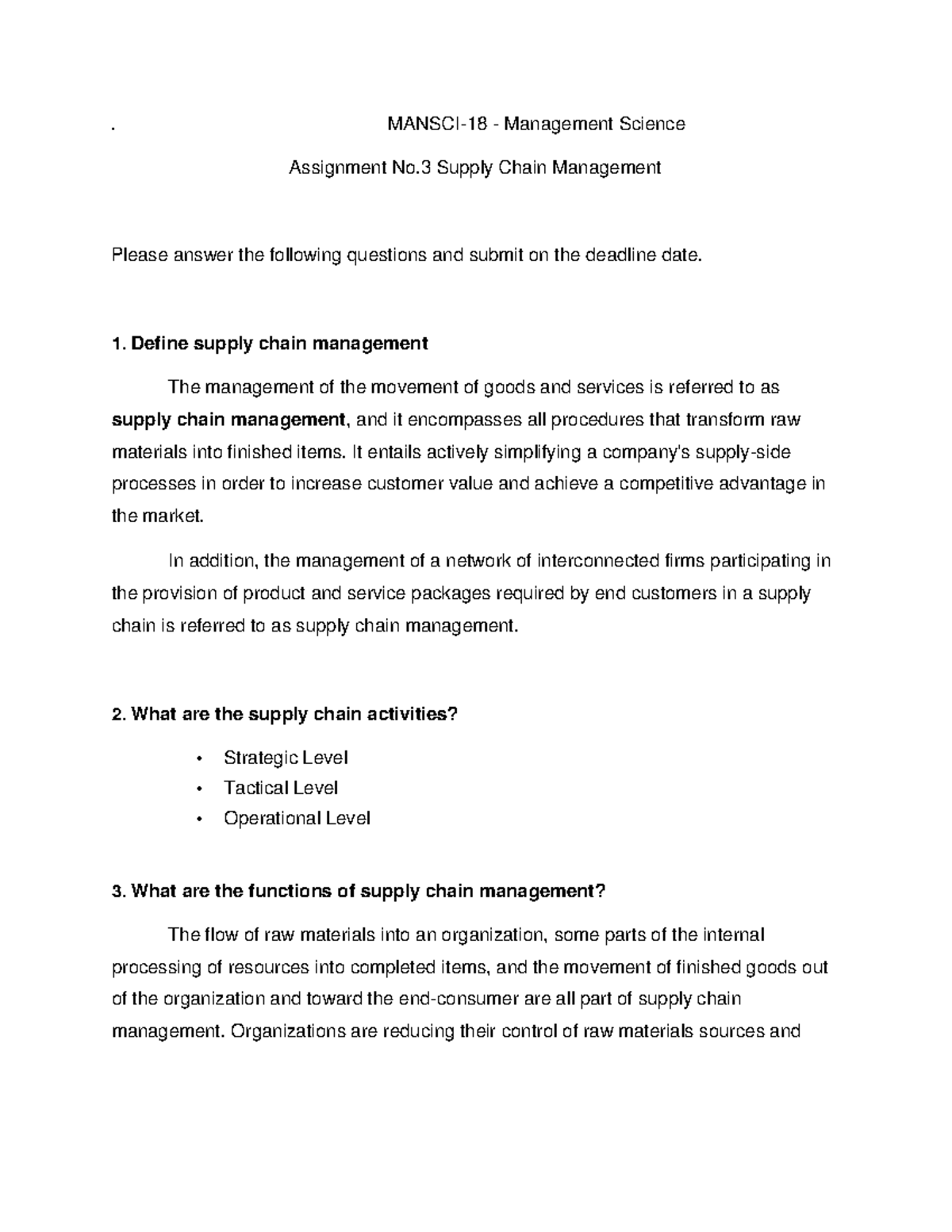Mansci-18 Assignment No.3 Supply Chain Management - . MANSCI-18 ...