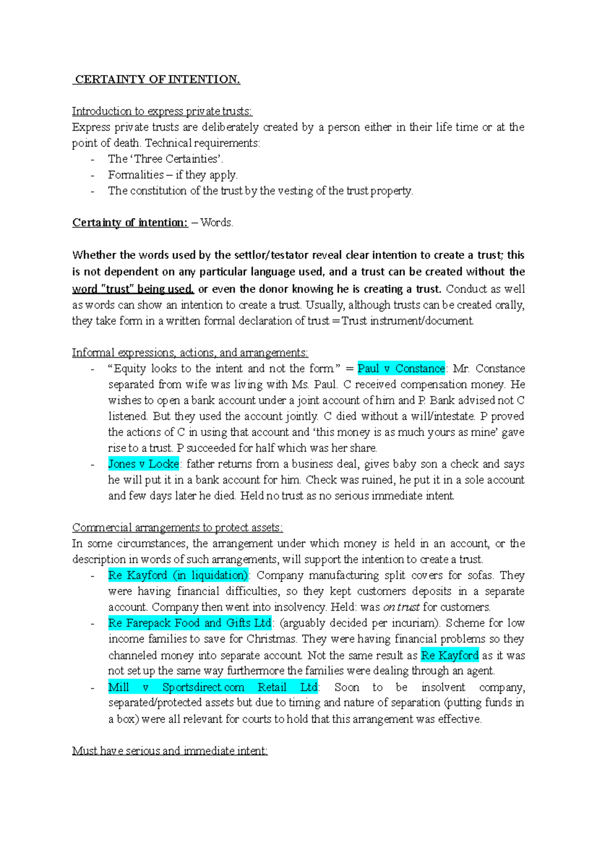 Express private trusts certainty of intention - CERTAINTY OF INTENTION. Introduction to express ...