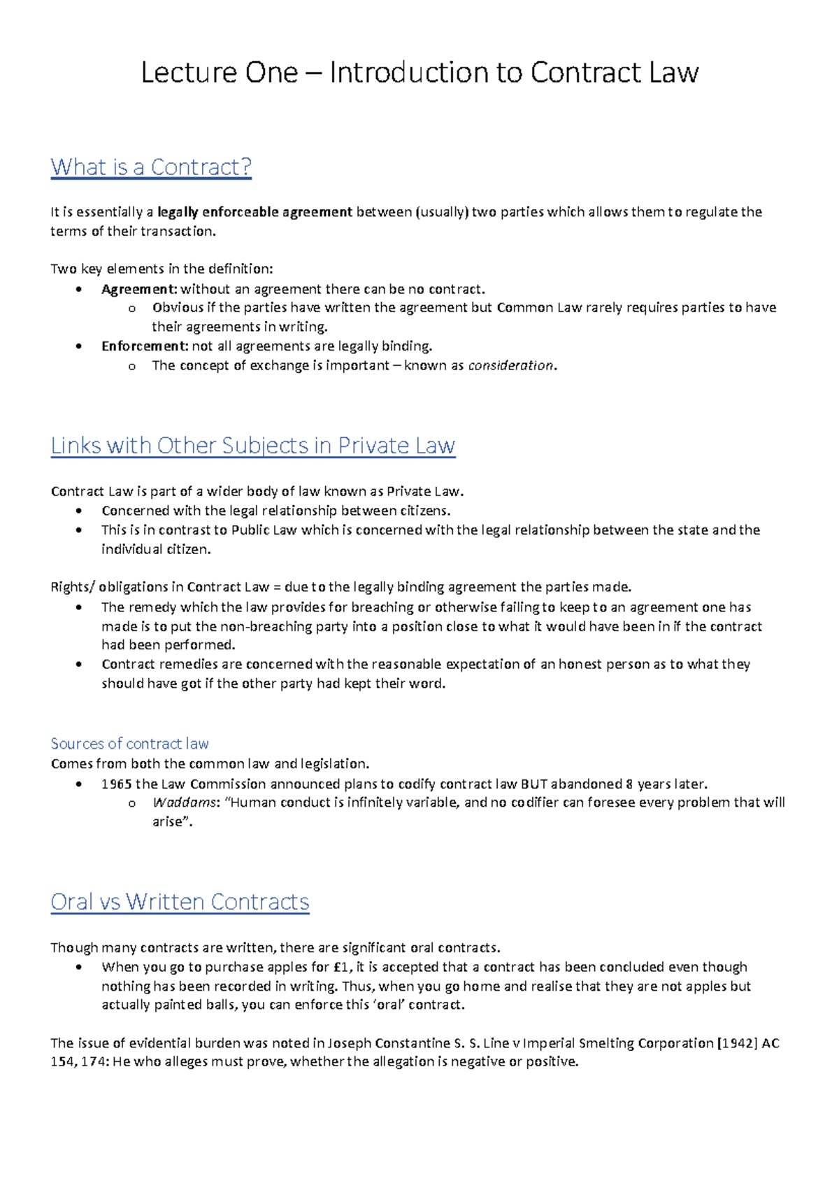 Introduction to Contract Law Lecture notes - Lecture One – Introduction ...