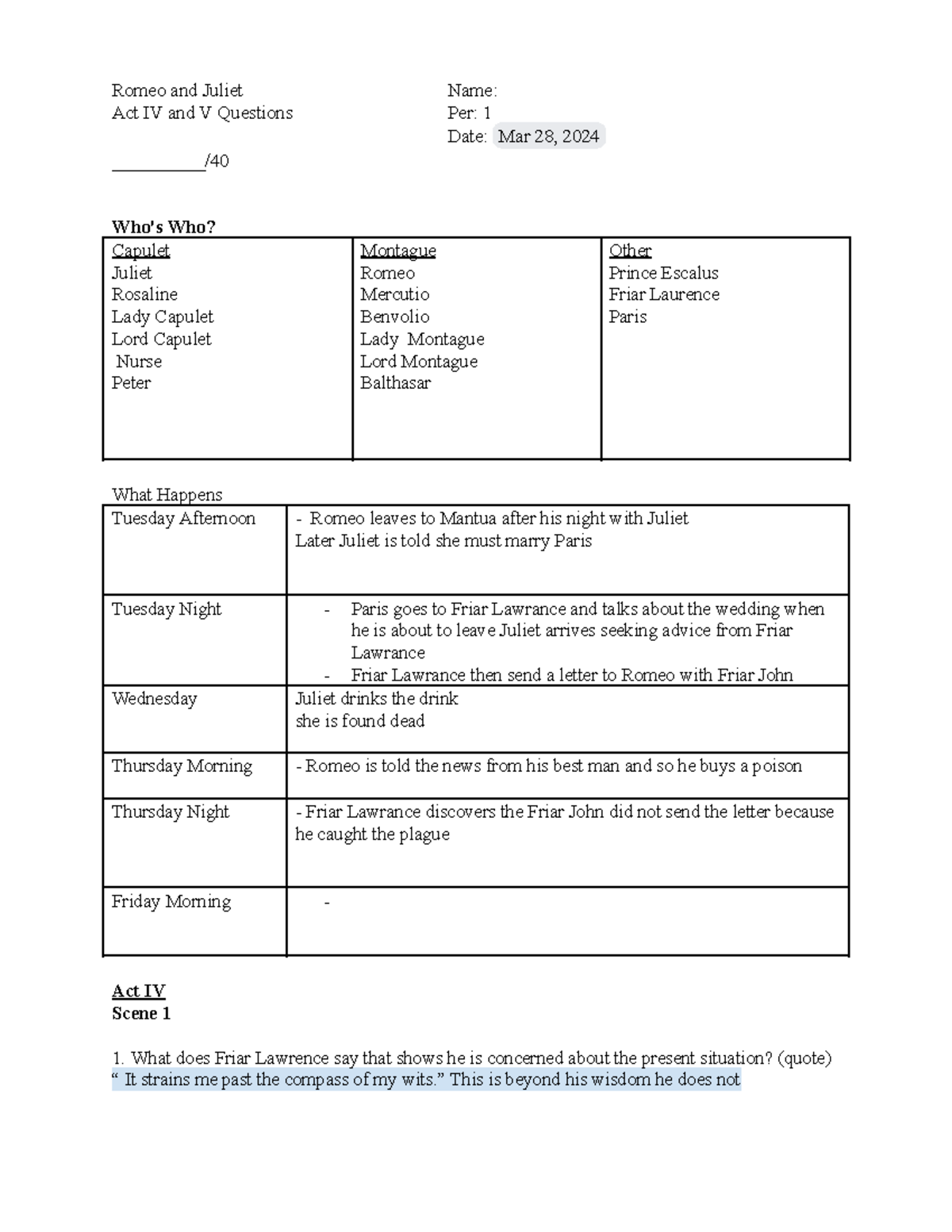 - Act IV and V questions 2023-24 - Romeo and Juliet Name: Act IV and V ...