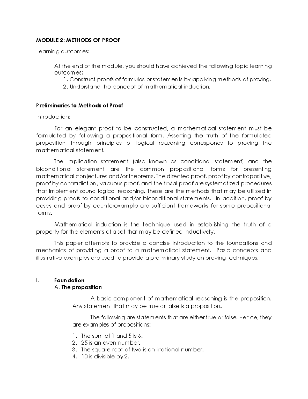 methods of proof - MODULE 2: METHODS OF PROOF Learning outcomes: At the end of the module, you ...
