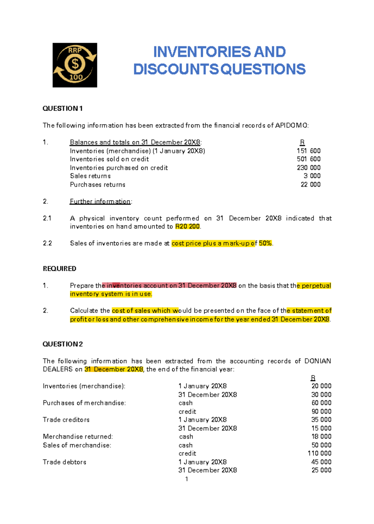 Inventories and Discounts Homework and Practise Questions - INVENTORIES ...
