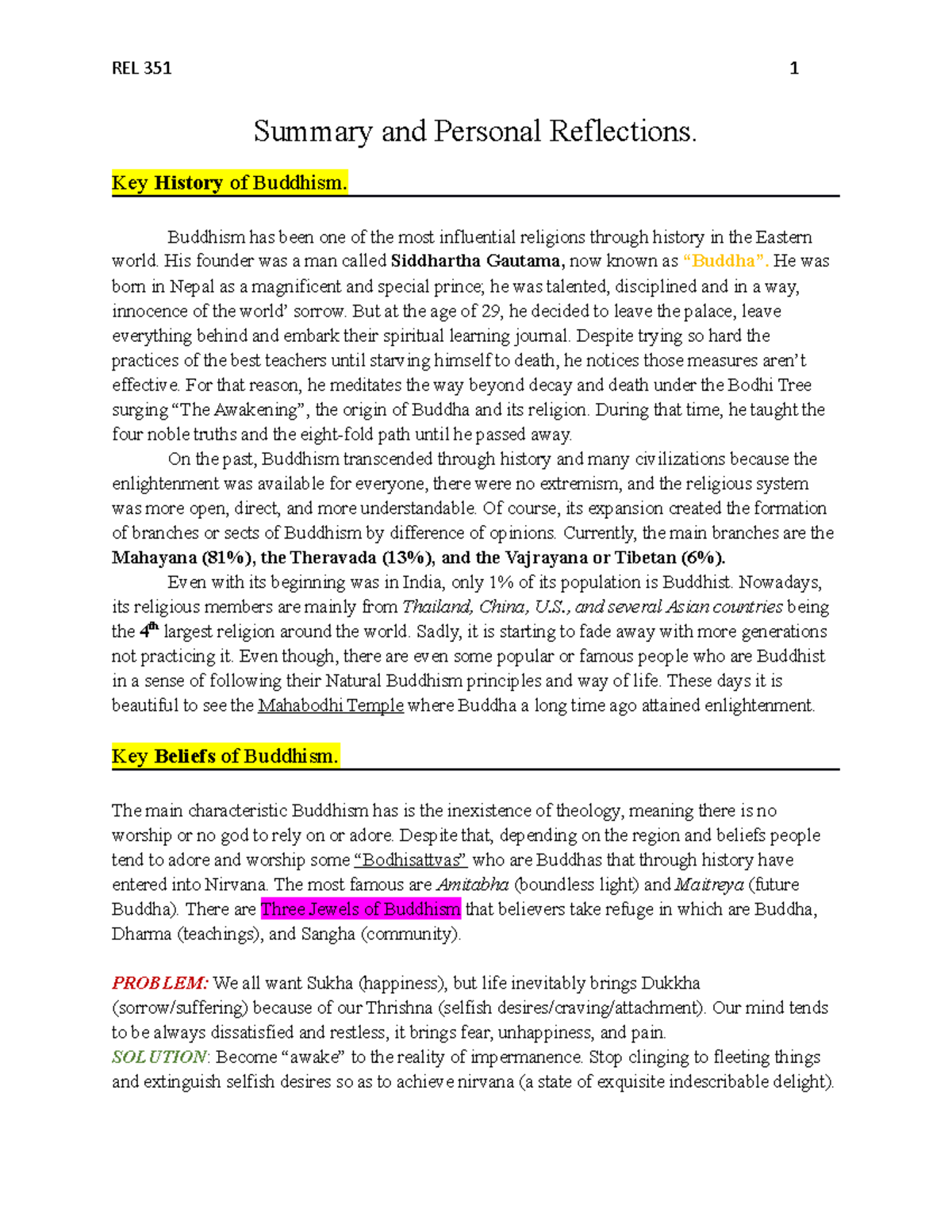 Buddhism Summary and Reflection Paper - Summary and Personal ...
