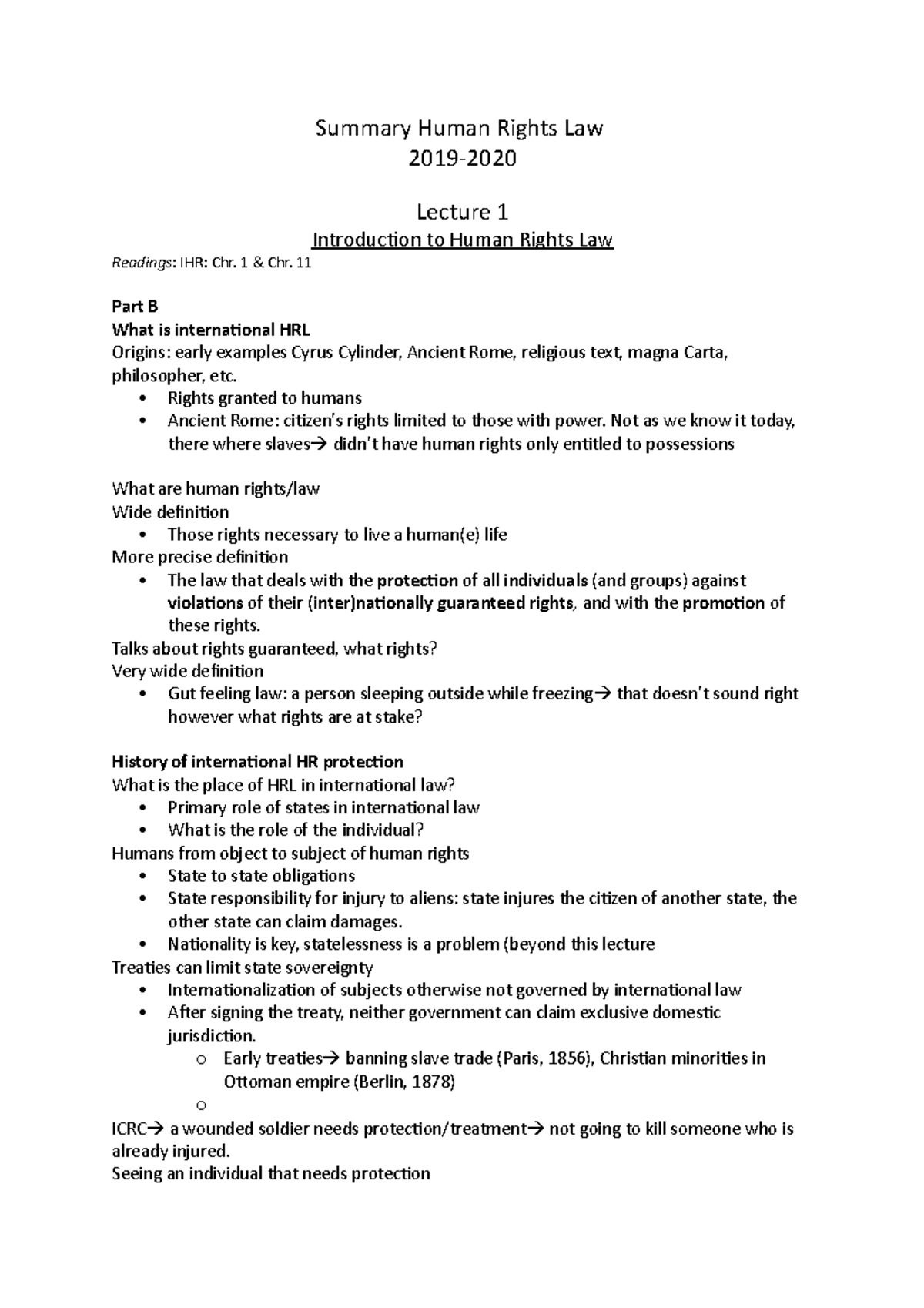 HRL summary - Summary Human Rights Law 2019- Lecture 1 Introduction to ...