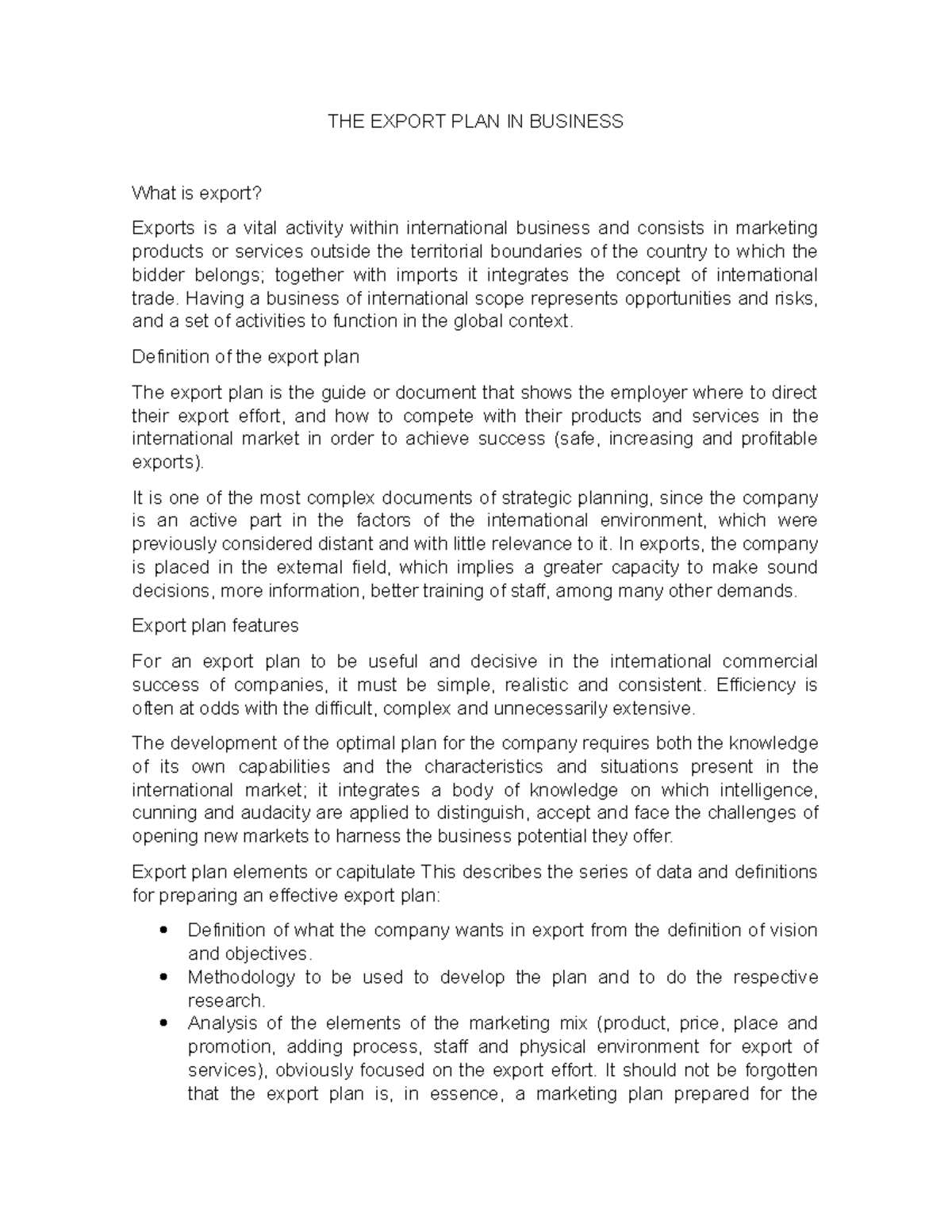 THE EXPORT PLAN IN BUSINESS - Having a business of international scope ...