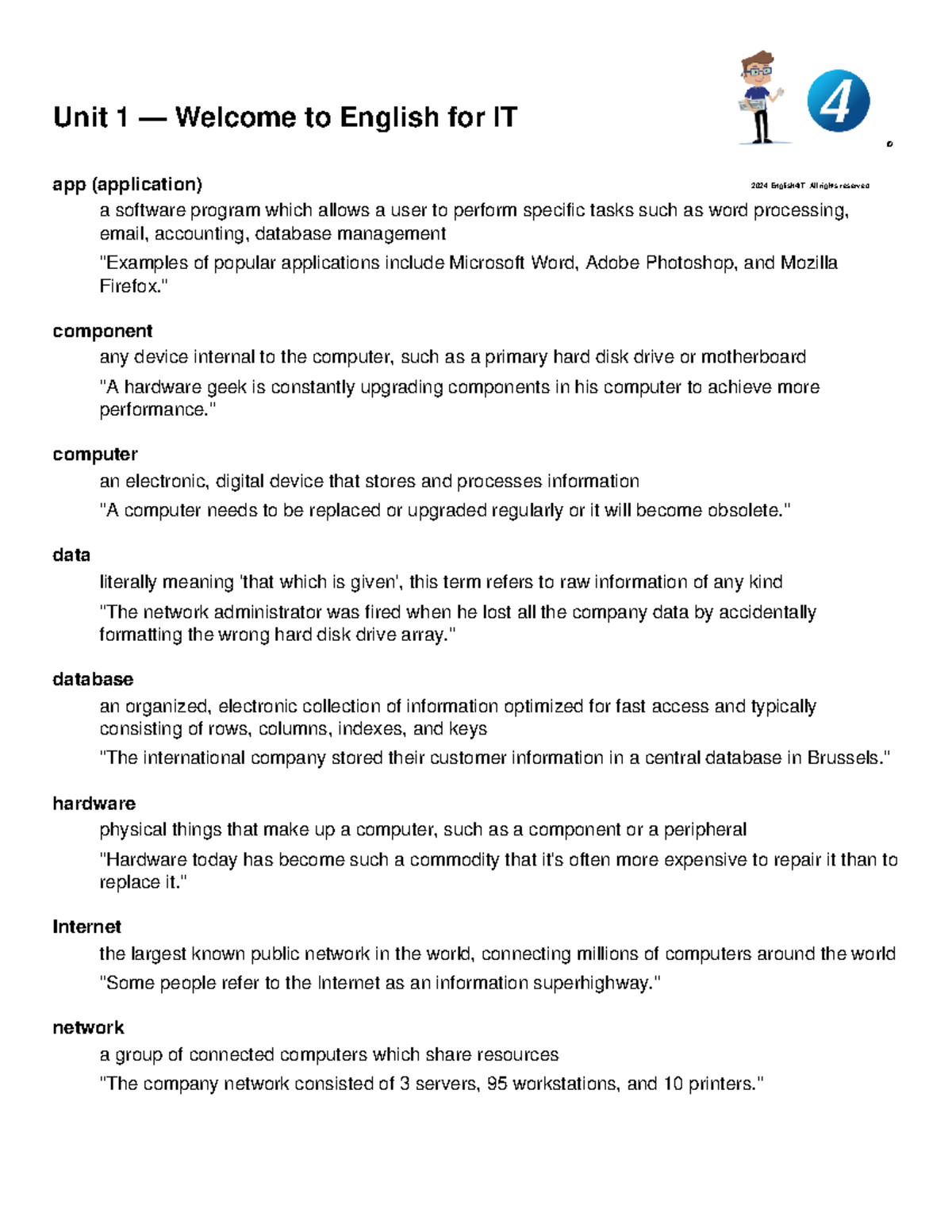 English 4IT — Unit 1 Vocabulary - Unit 1 — Welcome to English for IT ...