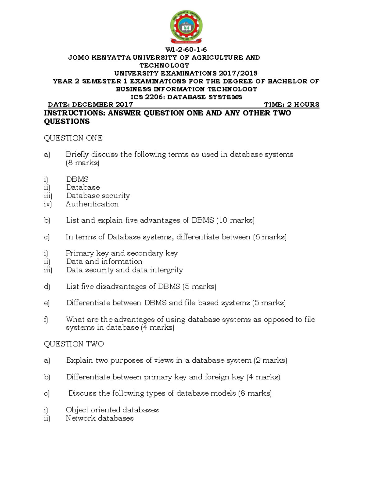 ICS 2206 Database Systems - W1- 2 - 60 - 1 - 6 JOMO KENYATTA UNIVERSITY ...