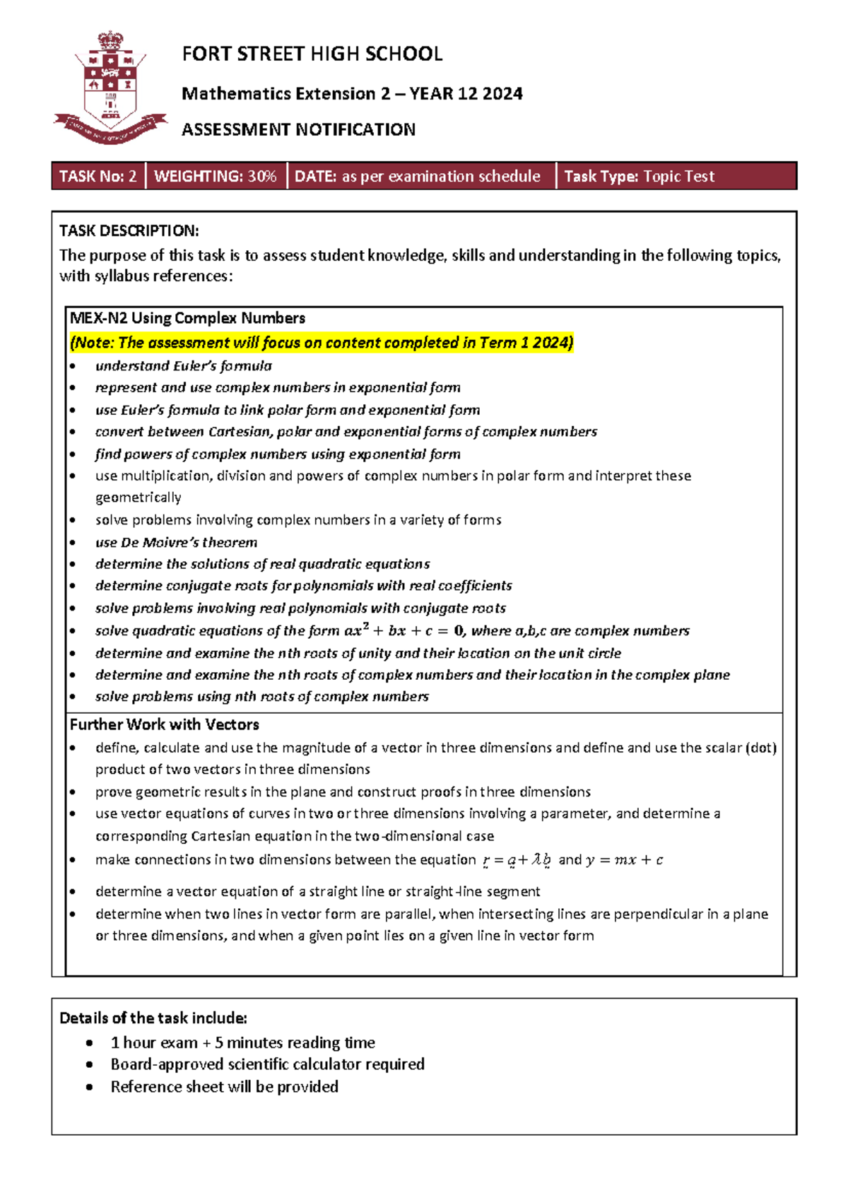 Year 12 Mathematics Extension 2 AT2 Notification 2024 - FORT STREET ...