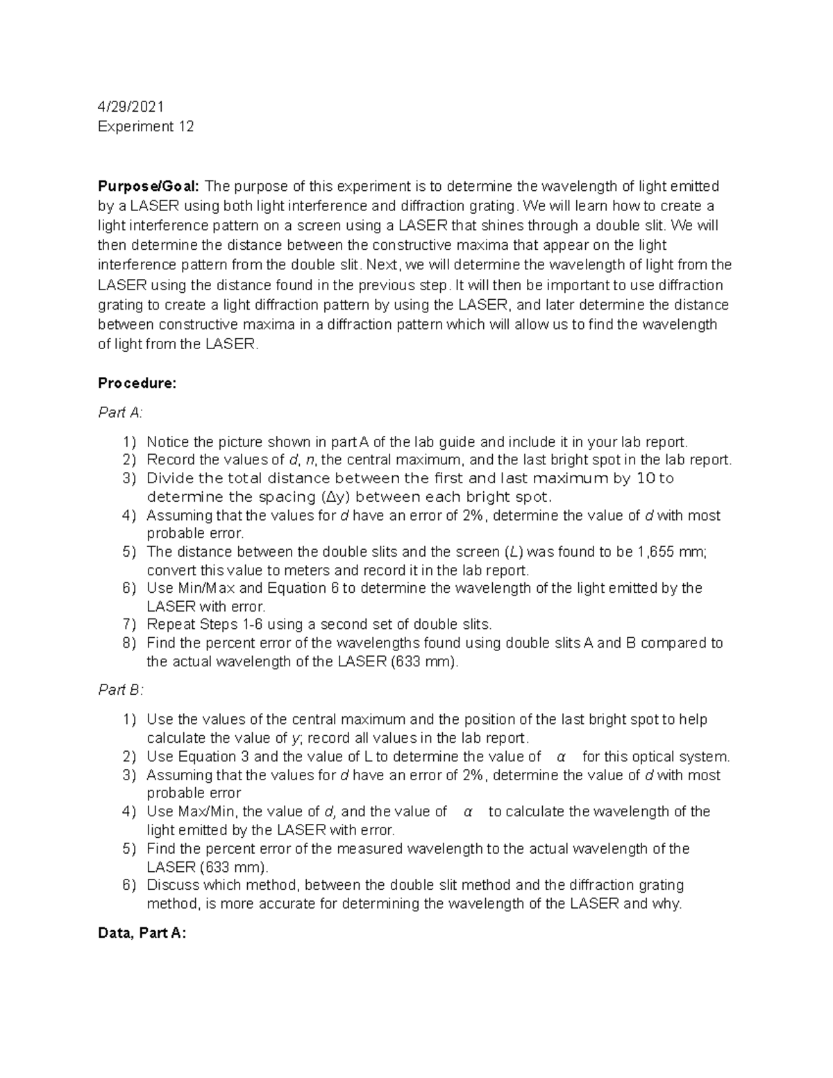 Experiment 12 - wavelength of light - PHY 022 - Studocu