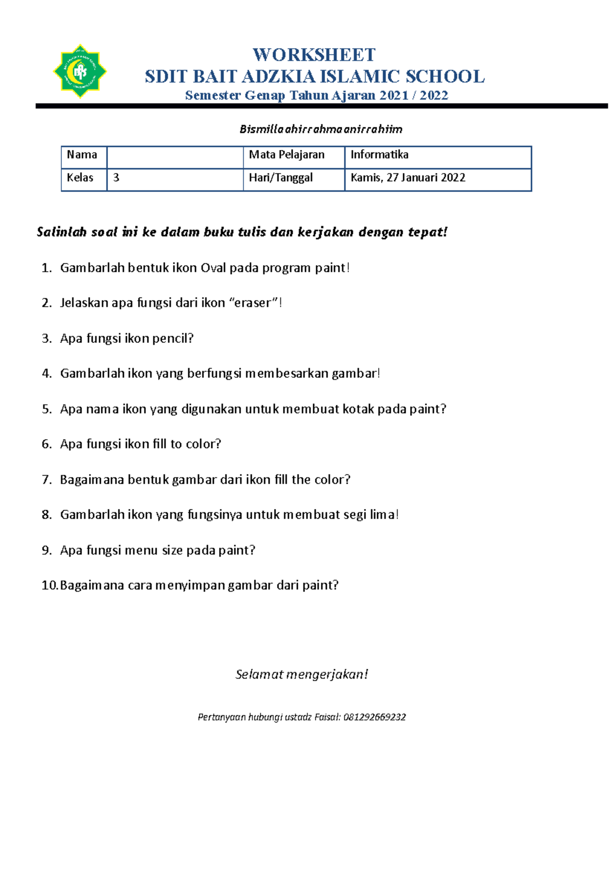 Latihan Informatika - worksheet grade 3 - WORKSHEET SDIT BAIT ADZKIA ...