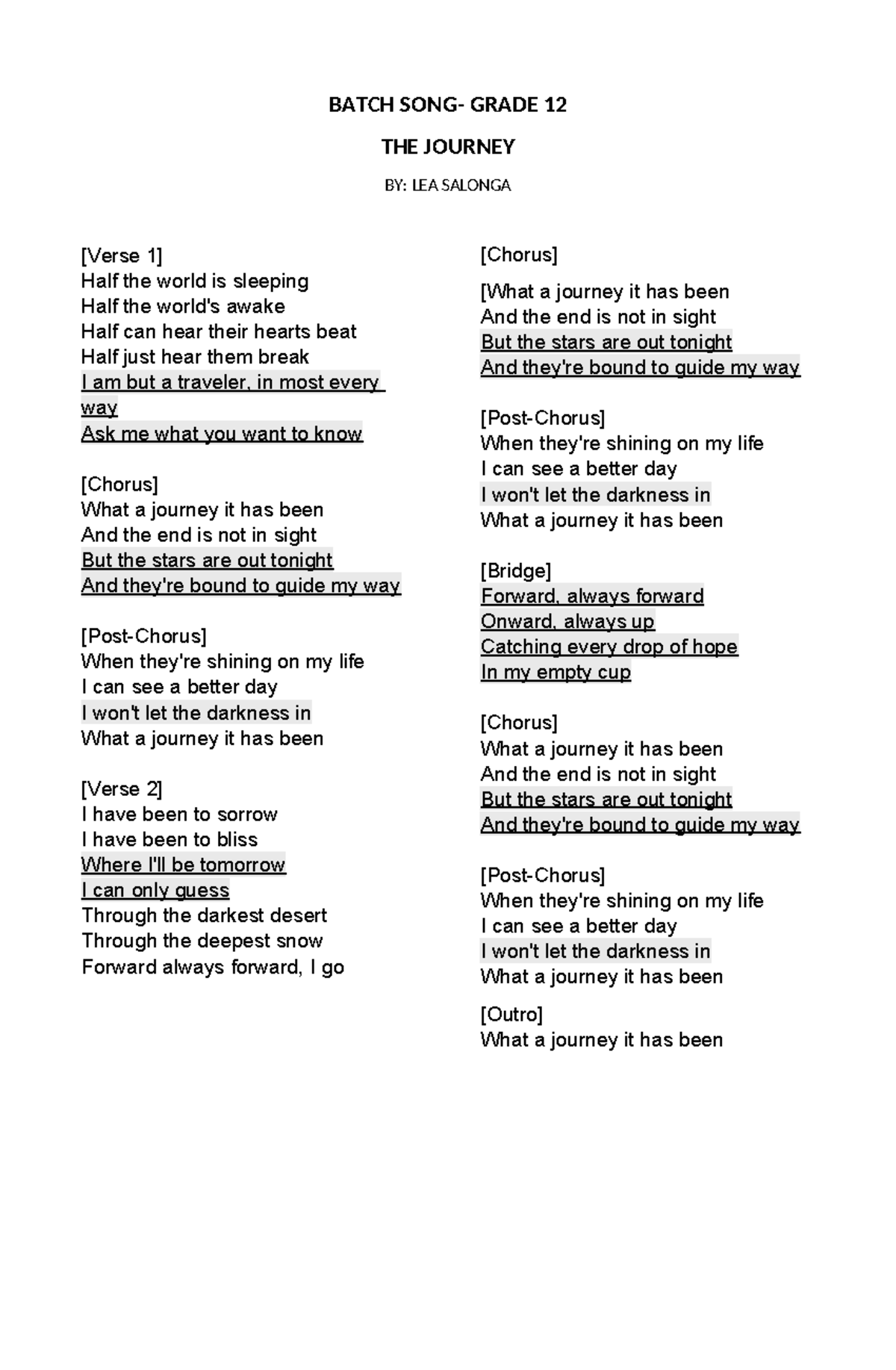 Grade 12- Batch SONG - BATCH SONG- GRADE 12 THE JOURNEY BY: LEA SALONGA ...