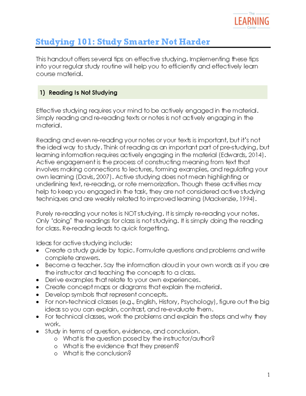 Study material 1 - Studying 101: Study Smarter Not Harder This handout ...