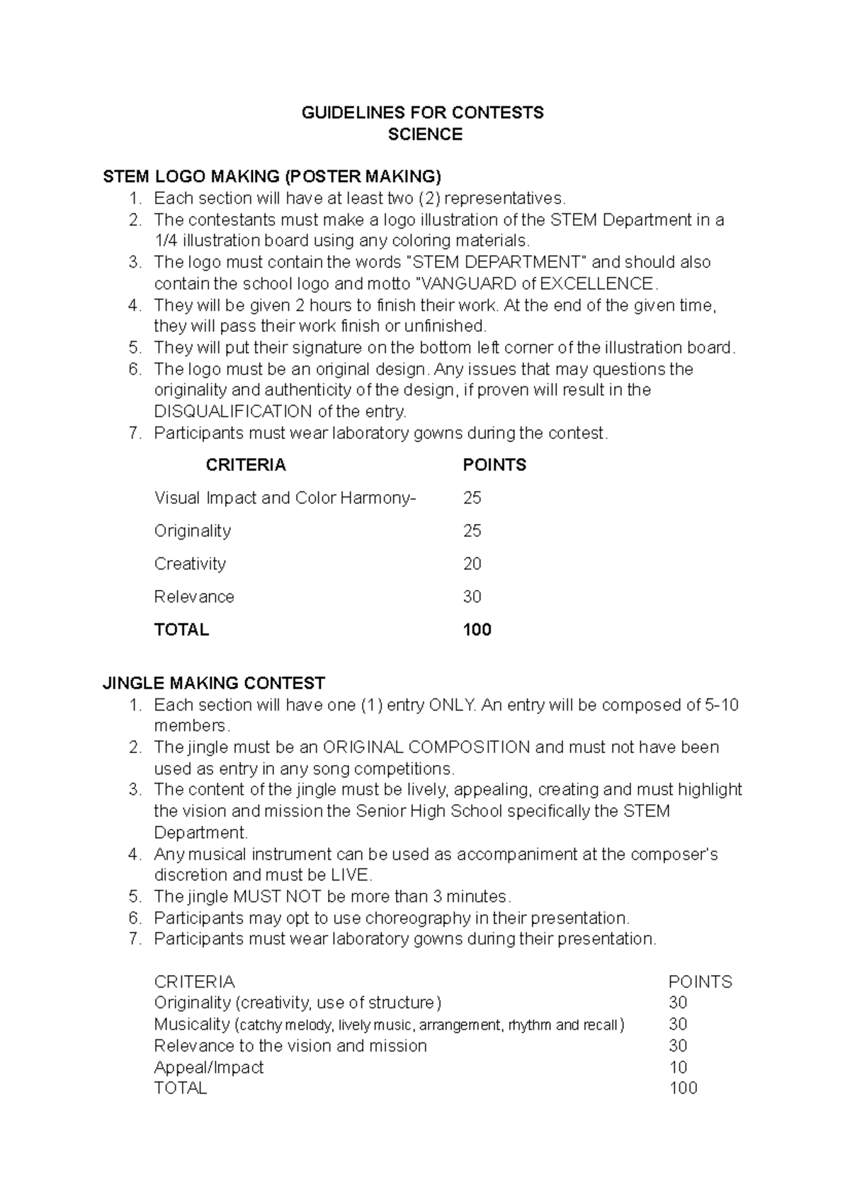 Guidelines FOR Contests- Science - GUIDELINES FOR CONTESTS SCIENCE STEM ...