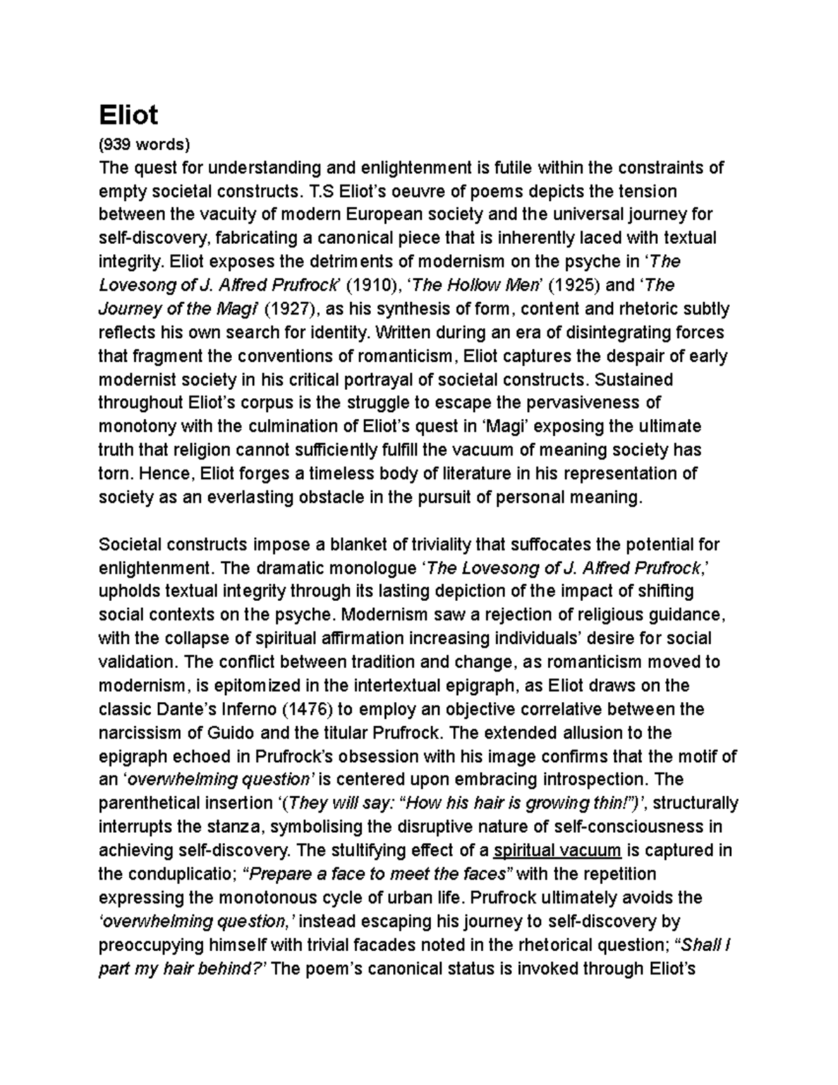 TS eliot - Eliot (939 words) The quest for understanding and ...