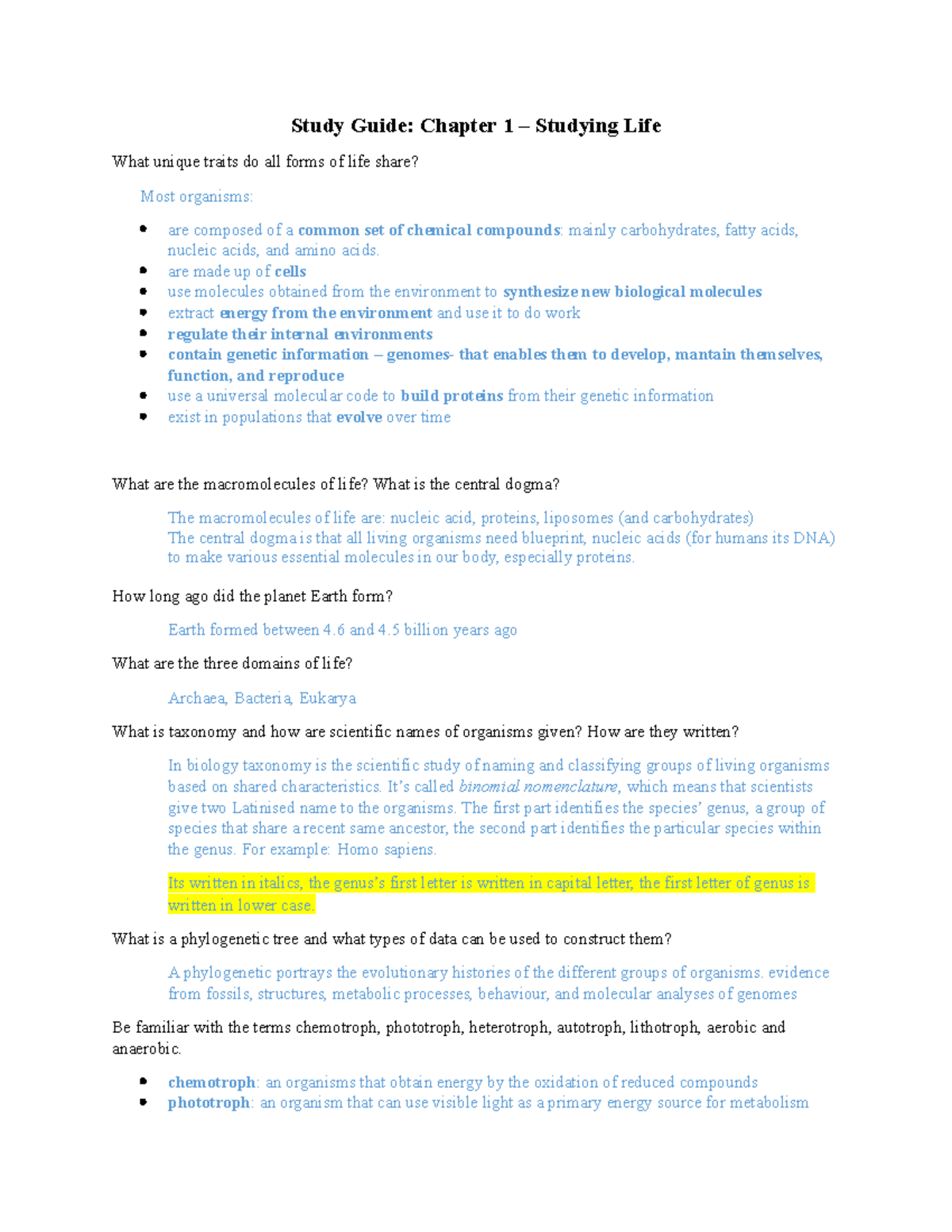 Study Guide Ch. 1 Studying Life - Study Guide: Chapter 1 – Studying ...