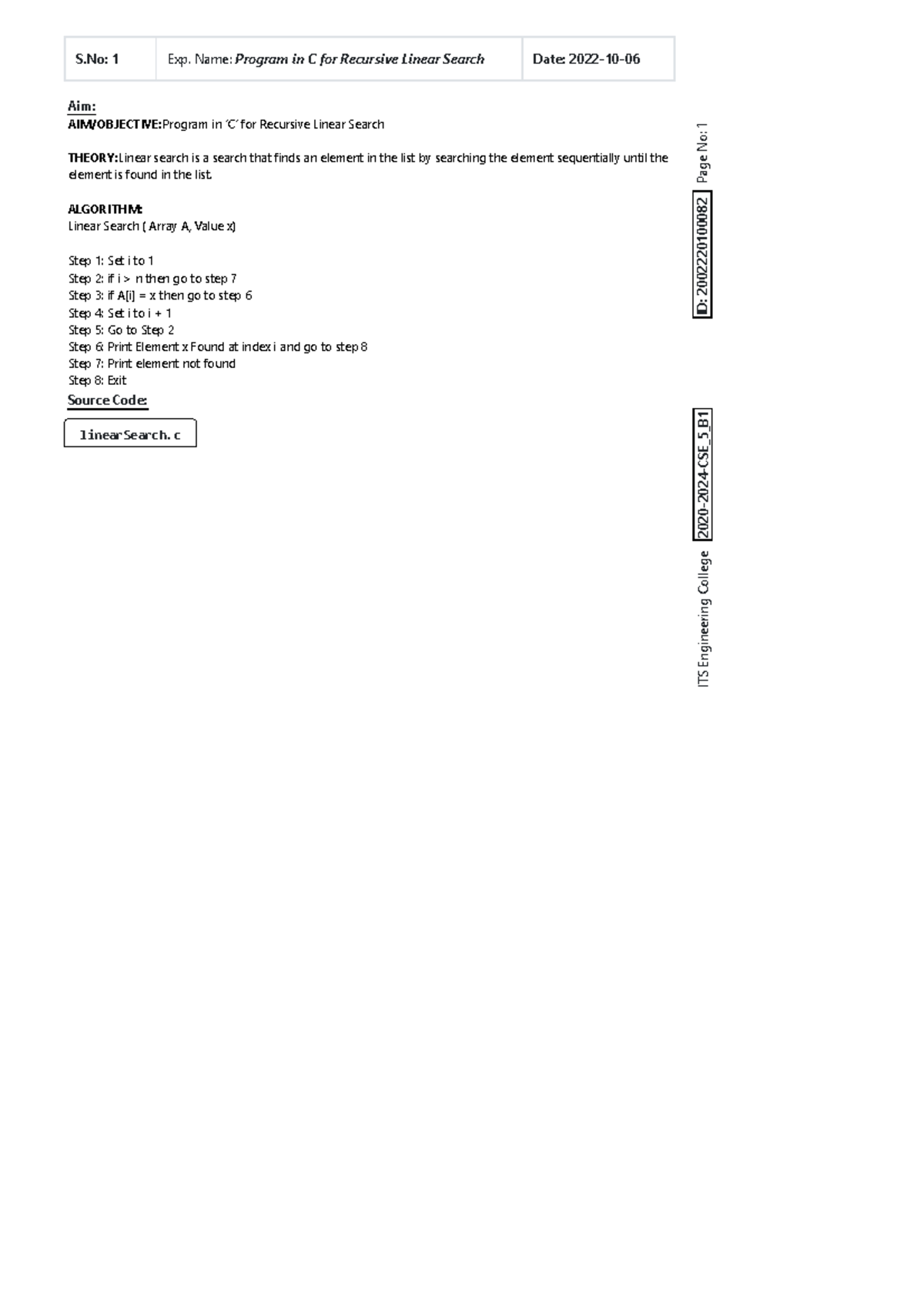 Lab Record DAA - Abc def - ID: 2002220100082 Page No: 1 ITS Engineering ...