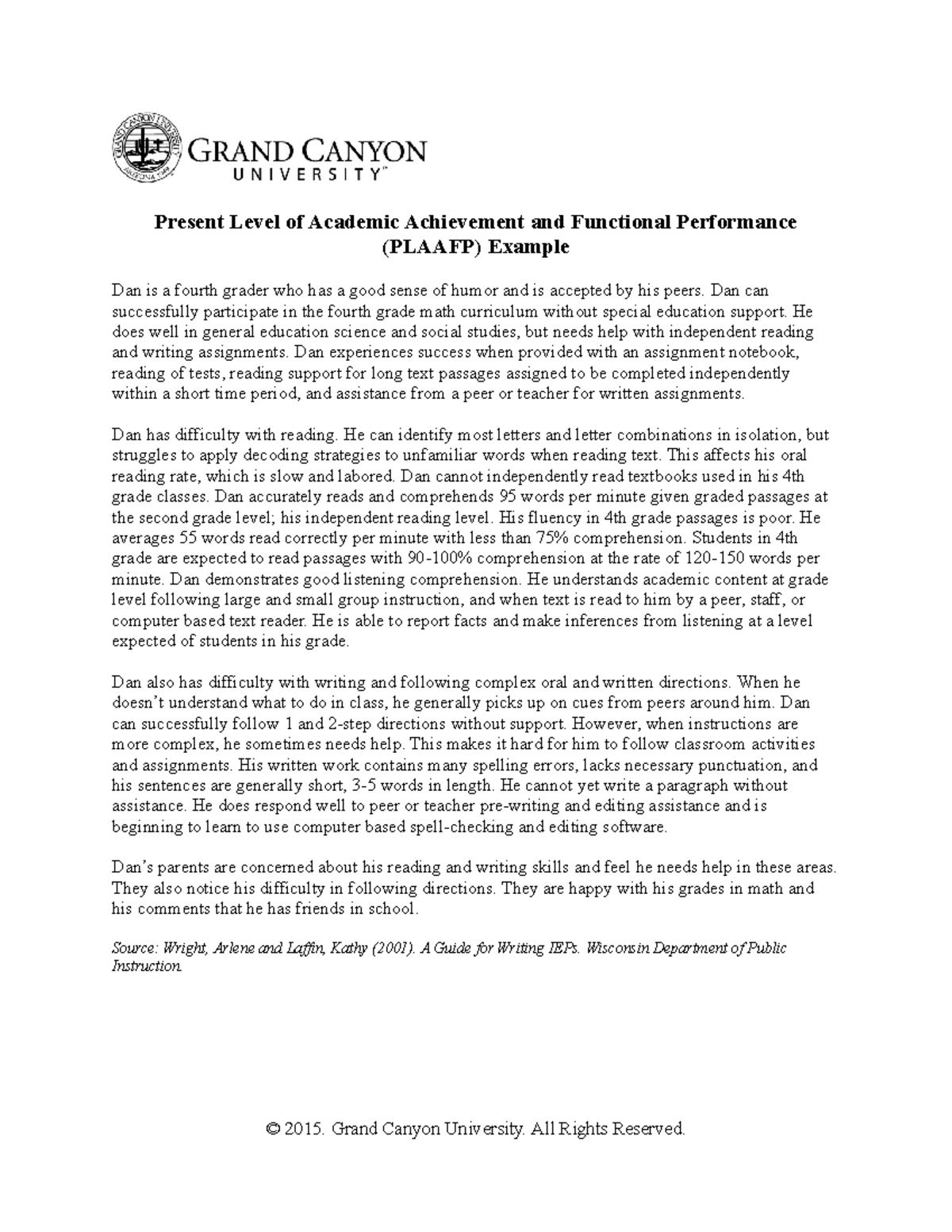 T4- Plaafp Example - N/a - Present Level of Academic Achievement and ...