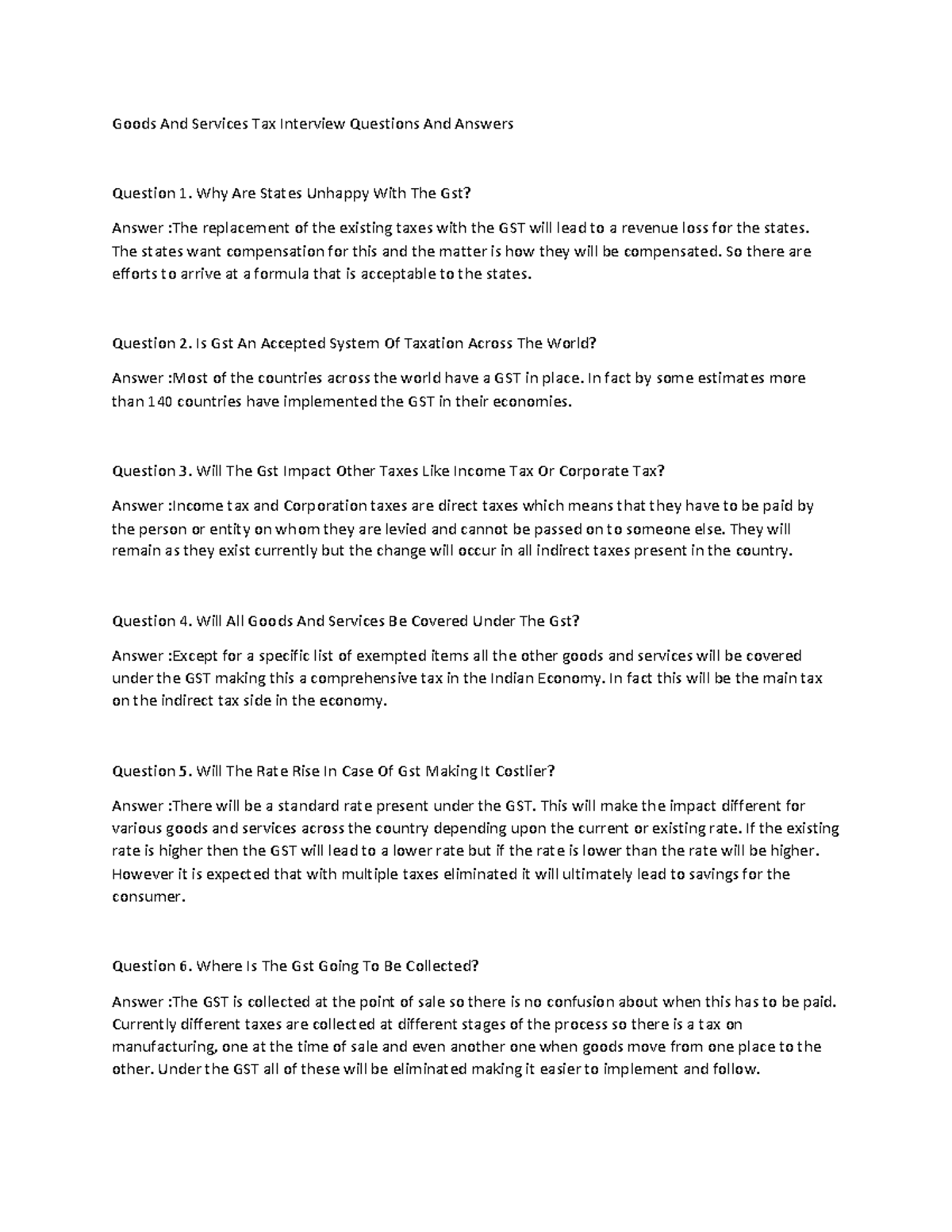 GST questions - None - Goods And Services Tax Interview Questions And ...