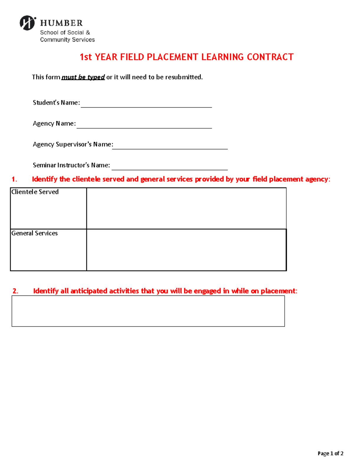 1st Year Field Placement Learning Contract - 1st YEAR FIELD PLACEMENT ...