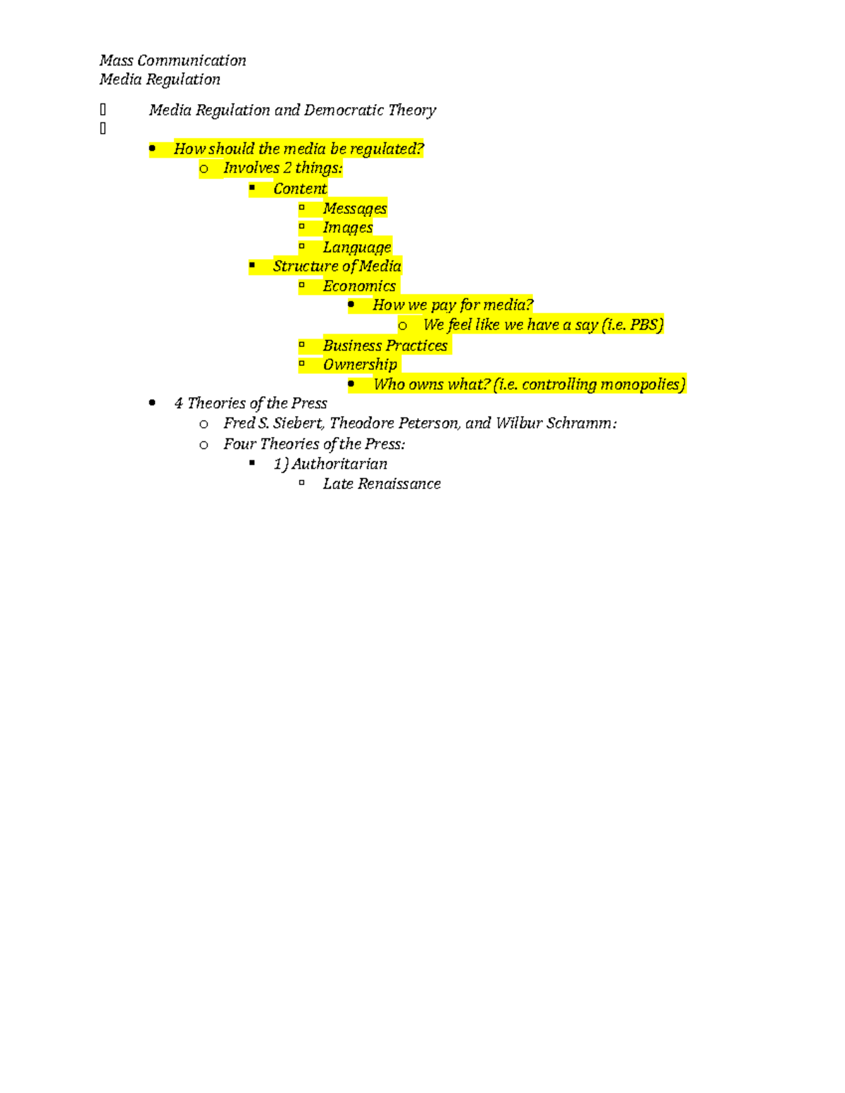 Media Regulation - Nicholas Maradin Final Review by topic - Mass ...