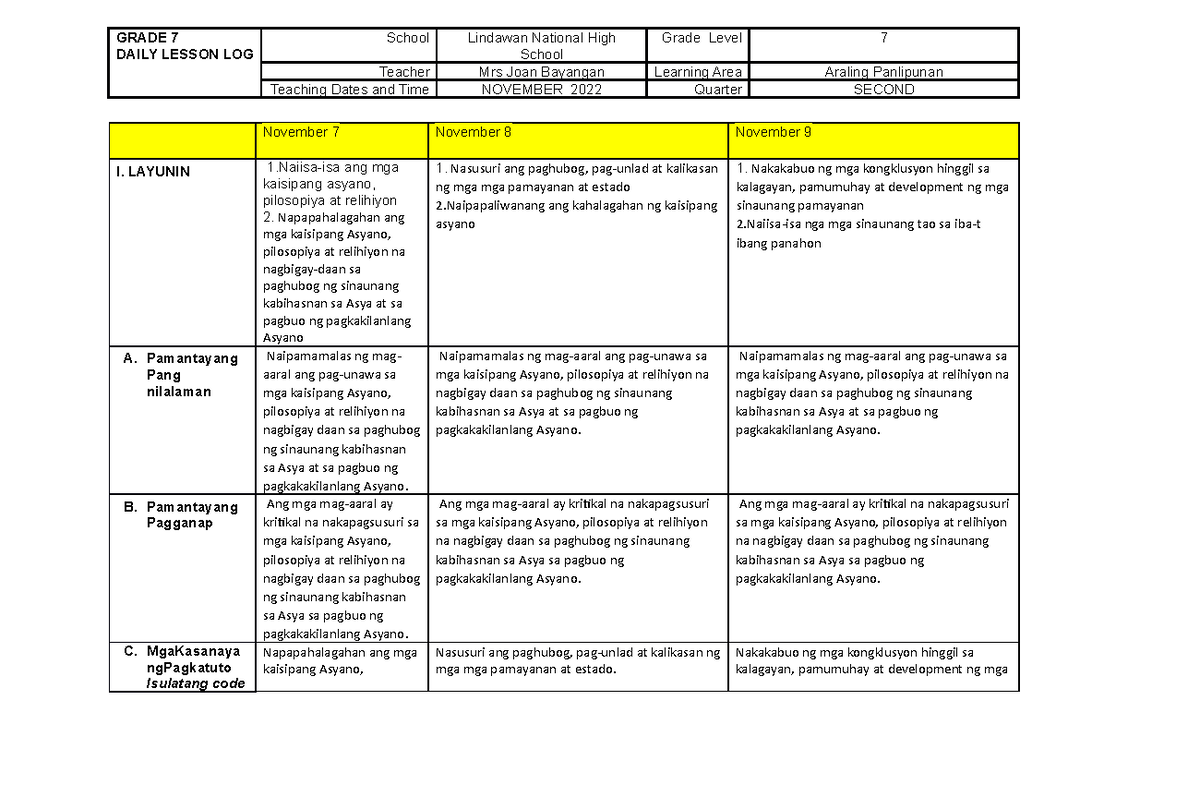 November 7 9 A Lesson Plan For Junior High School GRADE 7 DAILY