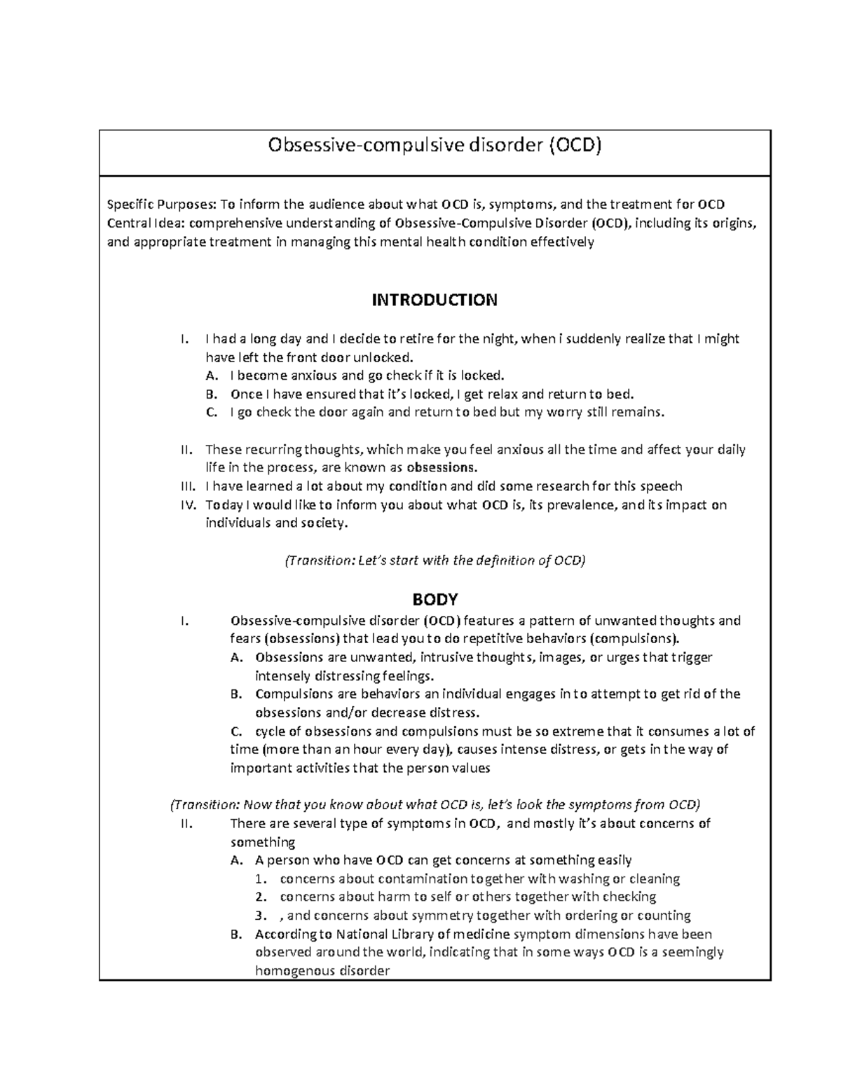 Preparation Outline in Informative Speech - Obsessive-compulsive ...