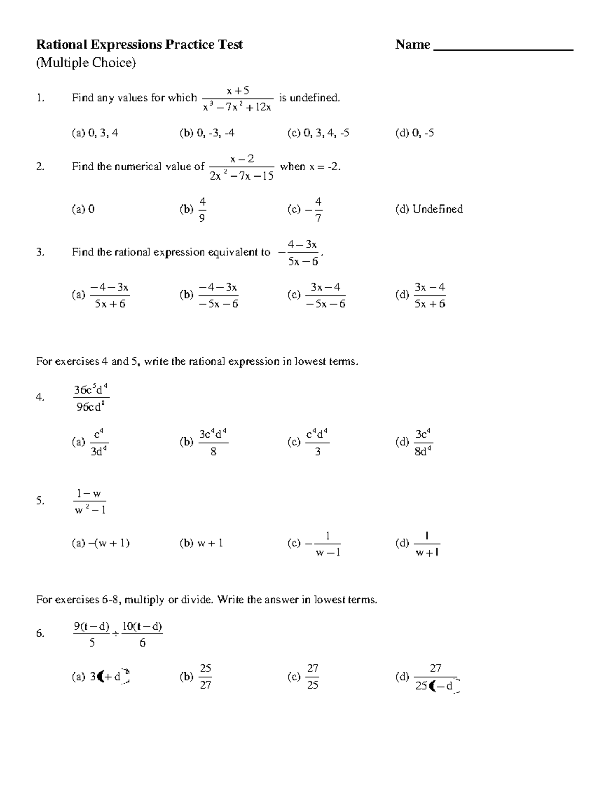 Rational Equations Pre Test - Rational Expressions Practice Test Name