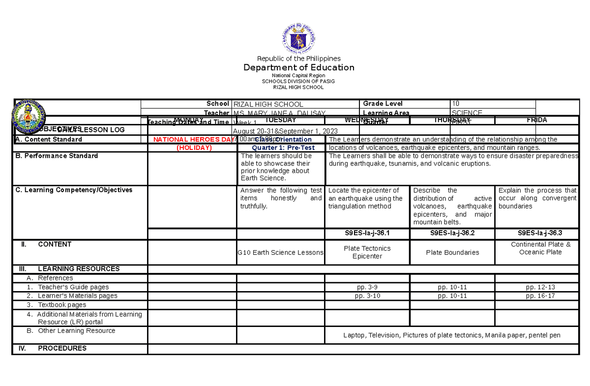 1ST Quarter DLL Week 1 - Lesson plan for Science 10 Week 1 SY 2023\2024 ...