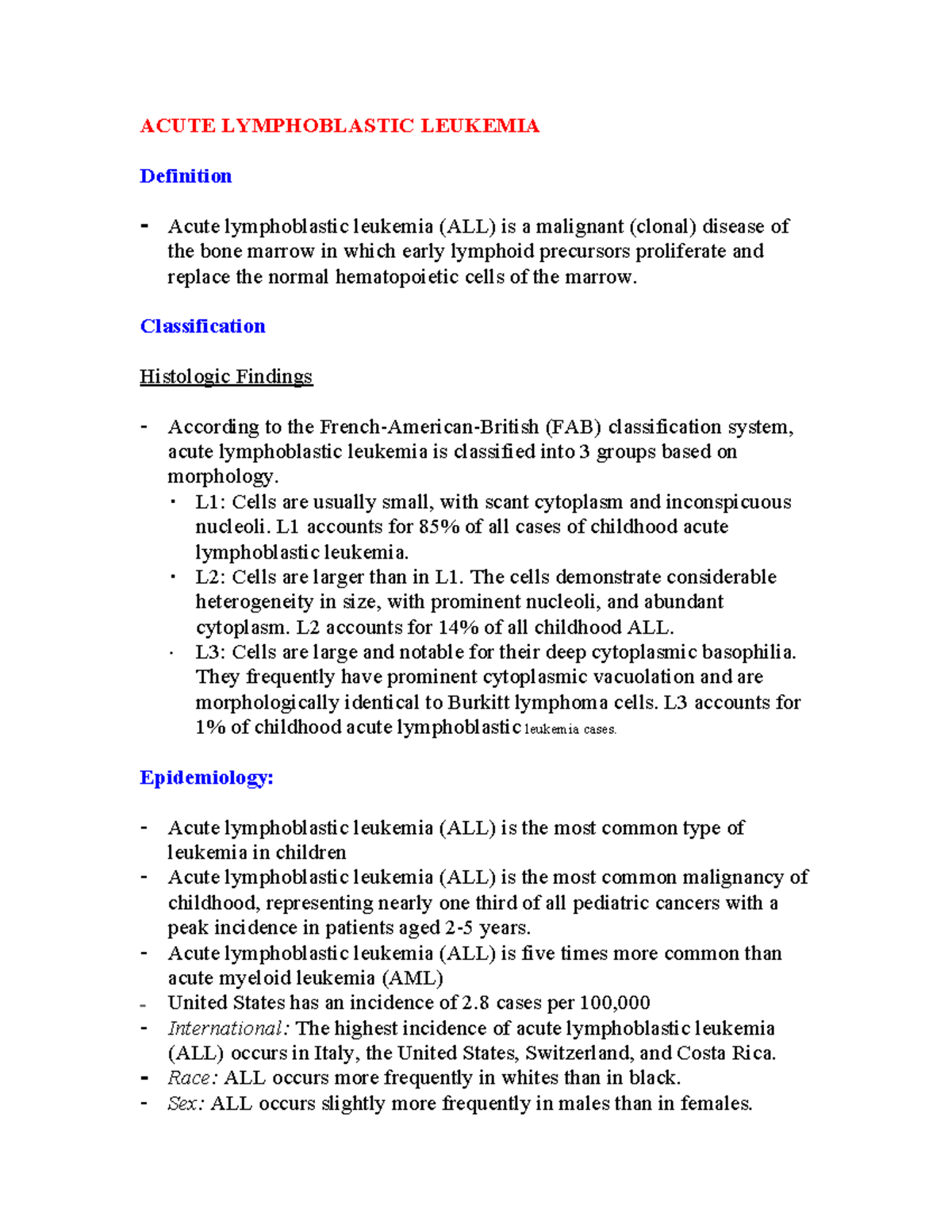 Acute Lymphoblastic Leukemia - Classification Histologic Findings ...