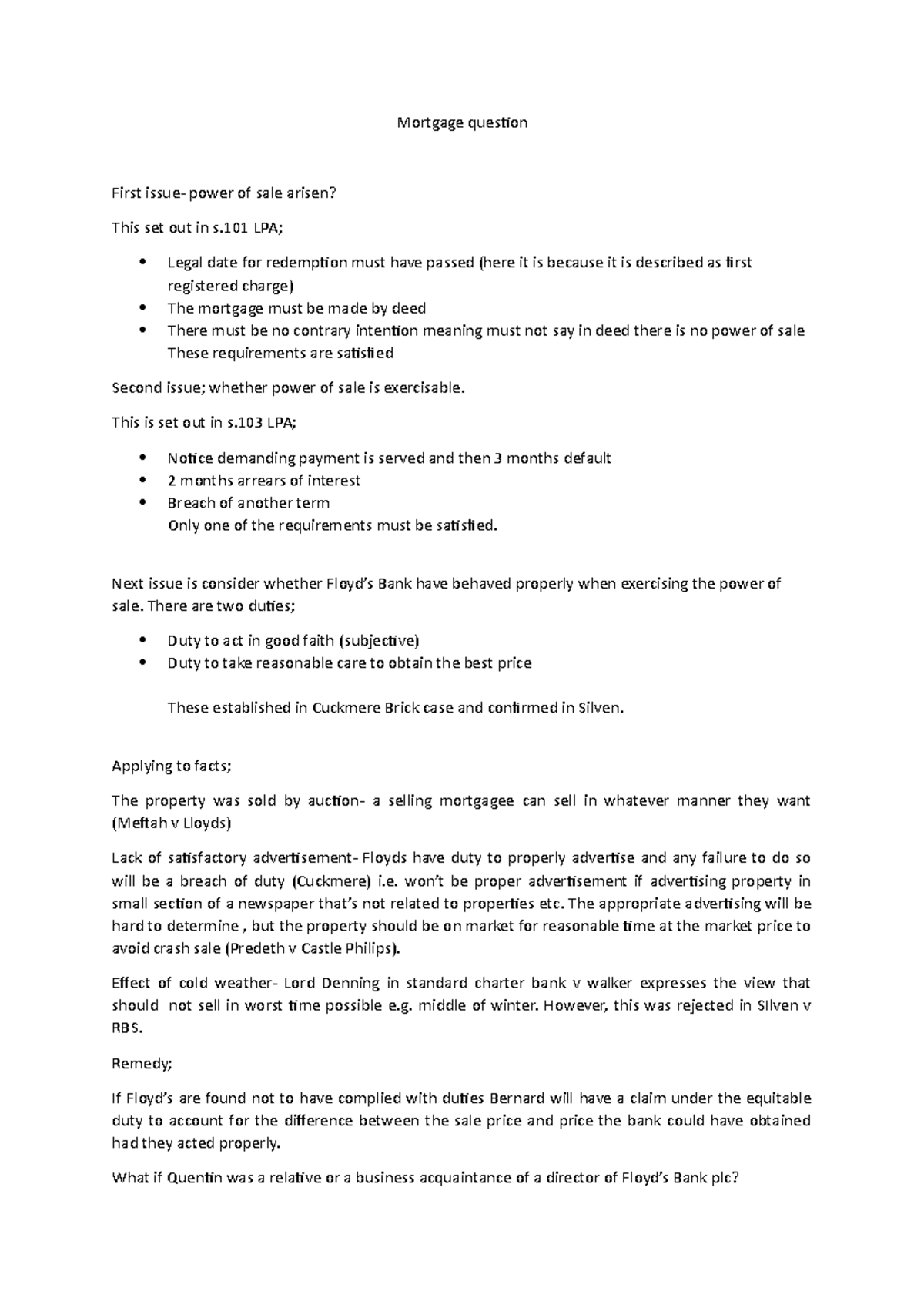 Mortgage question - Mortgage question First issue- power of sale arisen ...