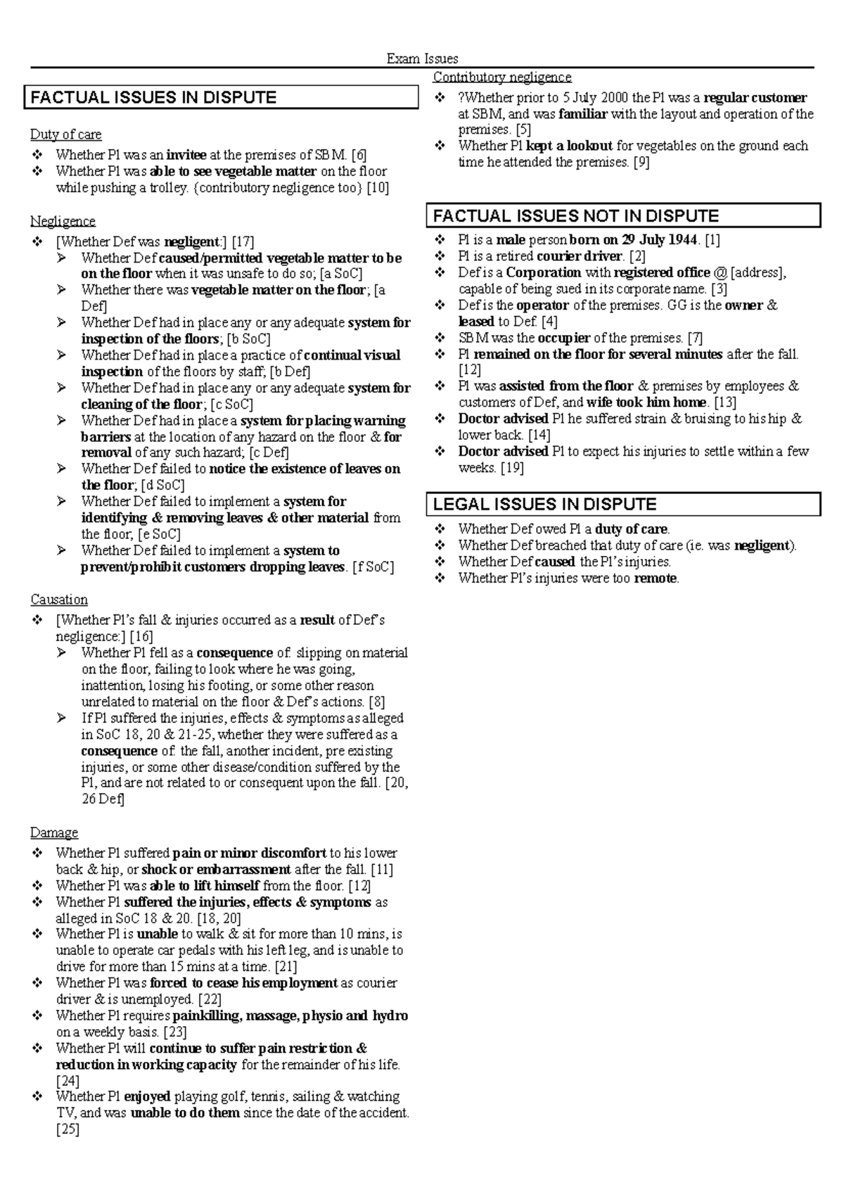 Exam issues for exam - Exam Issues FACTUAL ISSUES IN DISPUTE Duty of ...
