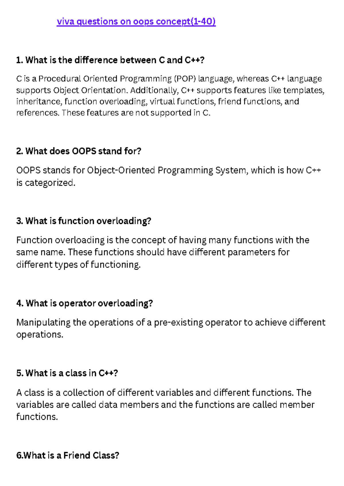 Viva questions c++ - viva questions on oops concept(1-40) What is the ...