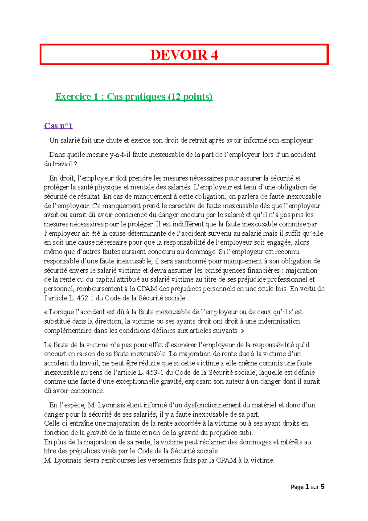 Joubin- Celine-UE113- Devoir 4-Droit social - DEVOIR 4 Exercice 1 : Cas pratiques (12 points ...