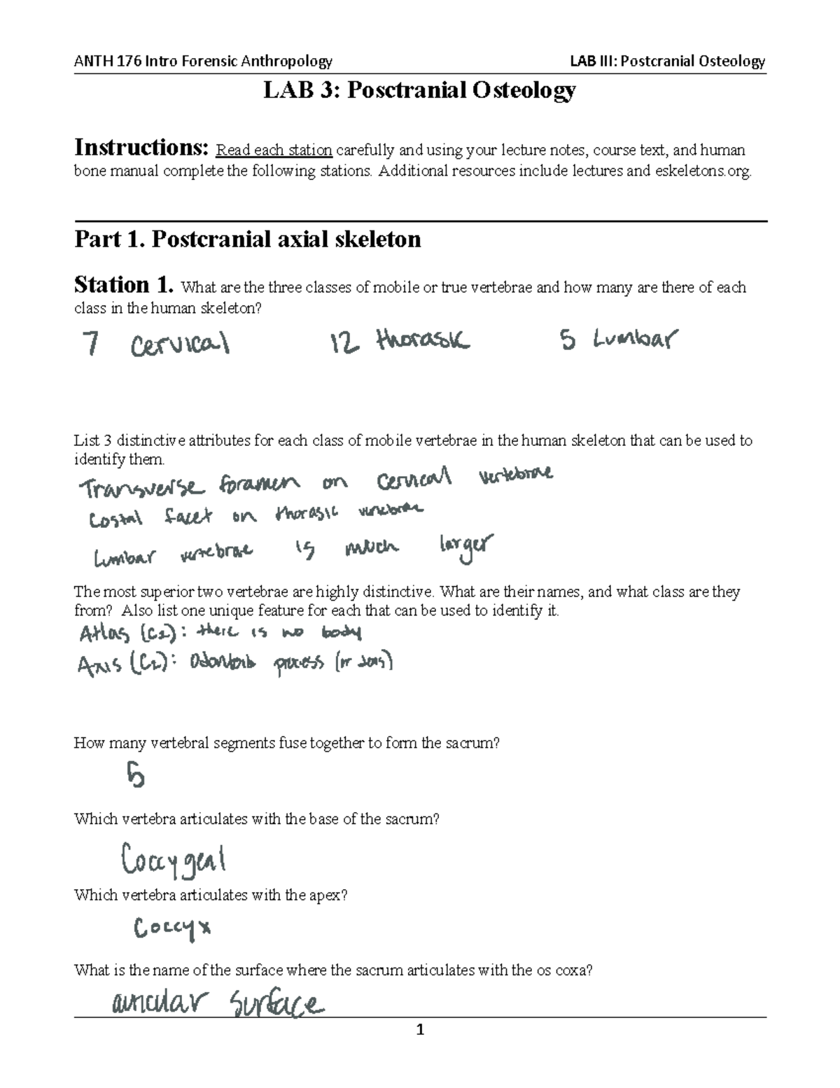 ANTH176 Lab3 Fall20 - lab - LAB 3 : Posctranial Osteology Instructions: Read each station ...