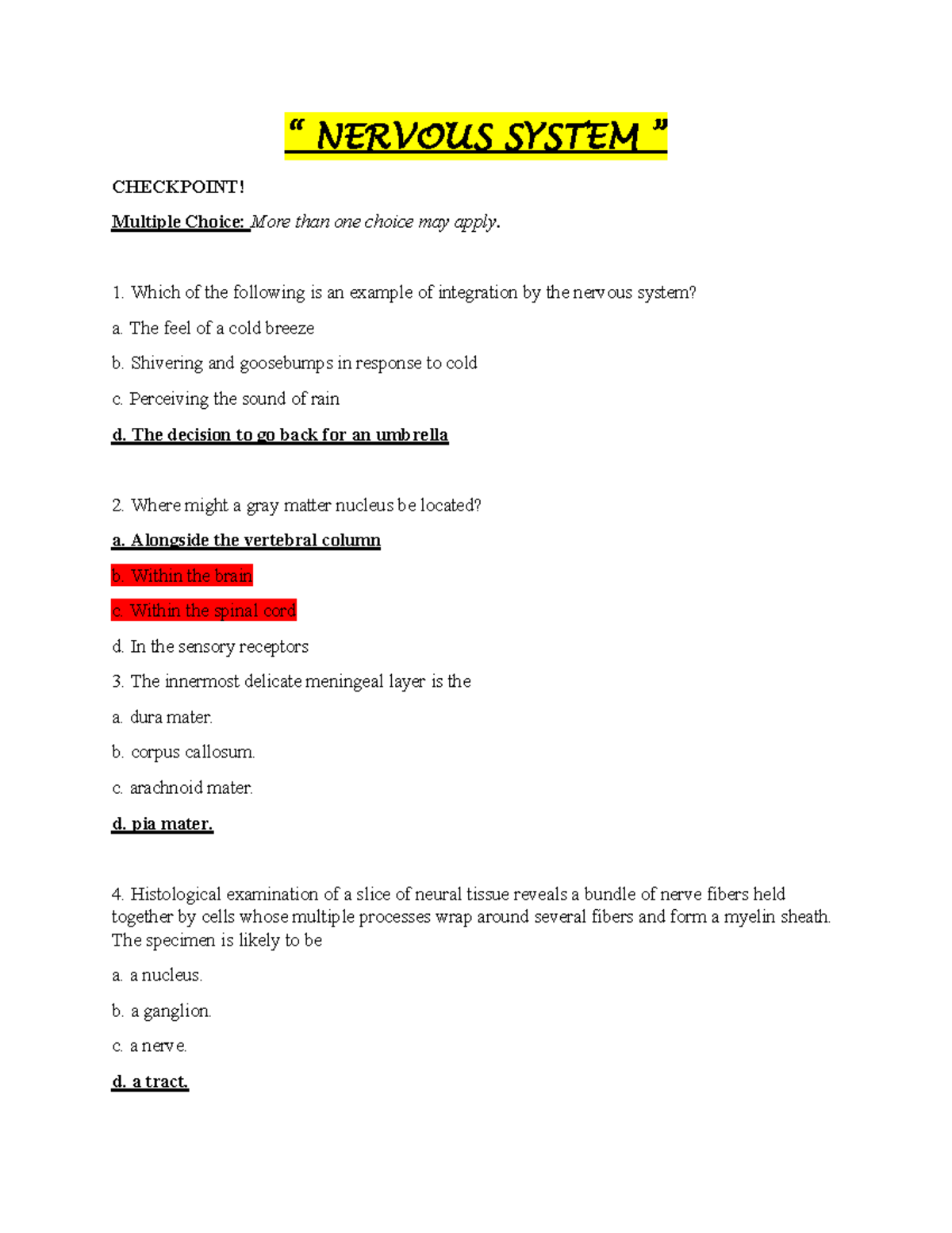 Nervous System Activity - “ NERVOUS SYSTEM ” CHECKPOINT! Multiple ...