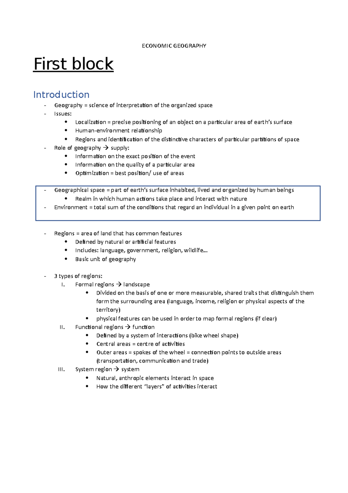Economic Geography - ECONOMIC GEOGRAPHY First block Introduction ...