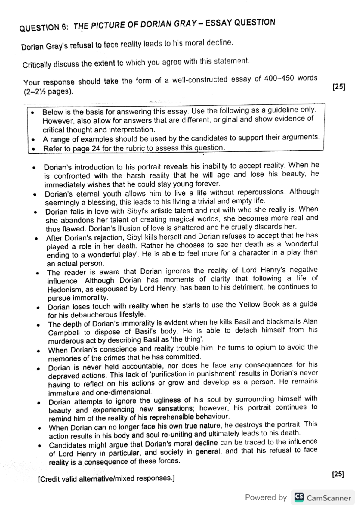 Dorian essay 13 - QUESTION 6: THE PICTURE OF DORIAN GRAY ESSAY QUESTION ...