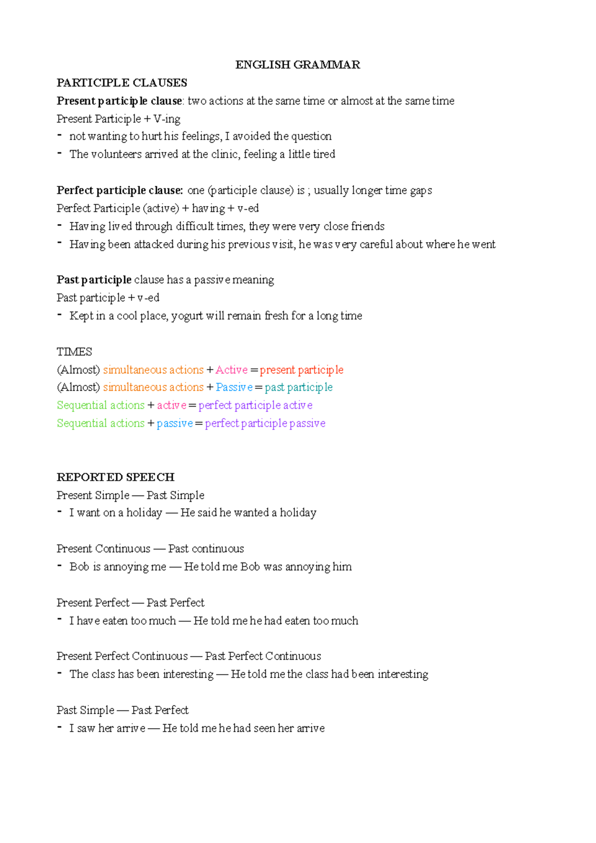 English grammar units 1-5 - ENGLISH GRAMMAR PARTICIPLE CLAUSES Present ...