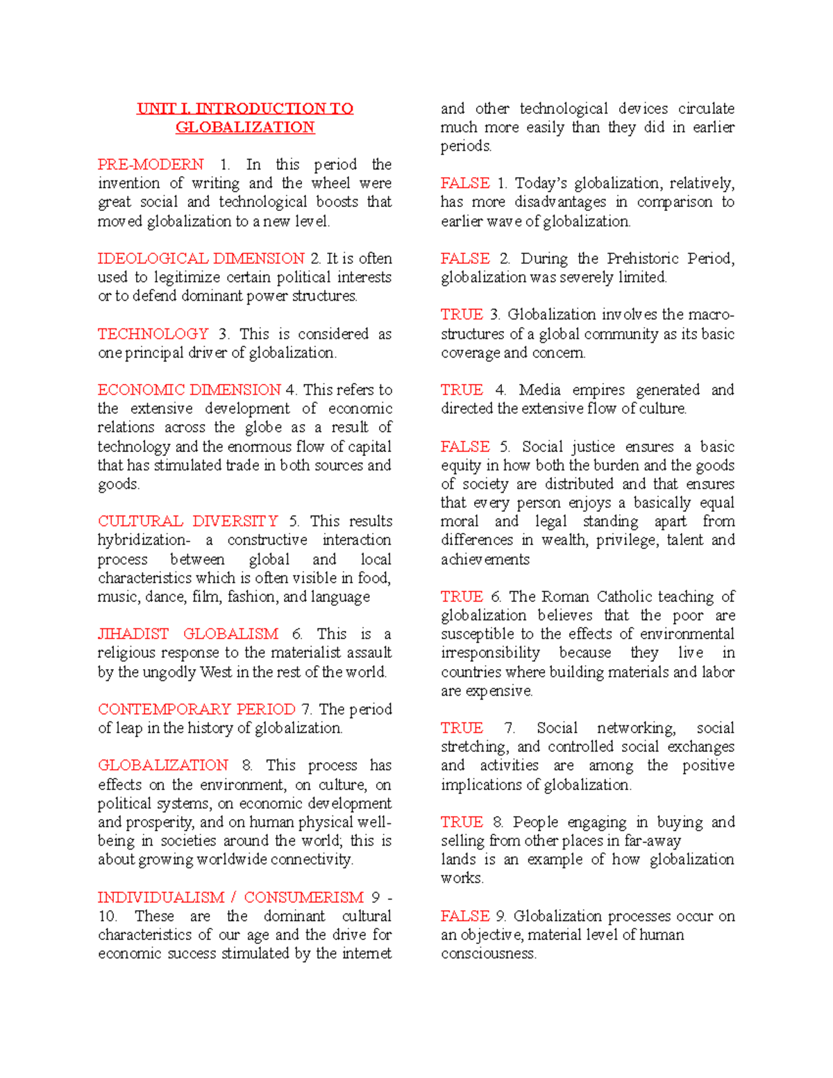Contempo - quiz - UNIT I. INTRODUCTION TO GLOBALIZATION PRE-MODERN 1 ...