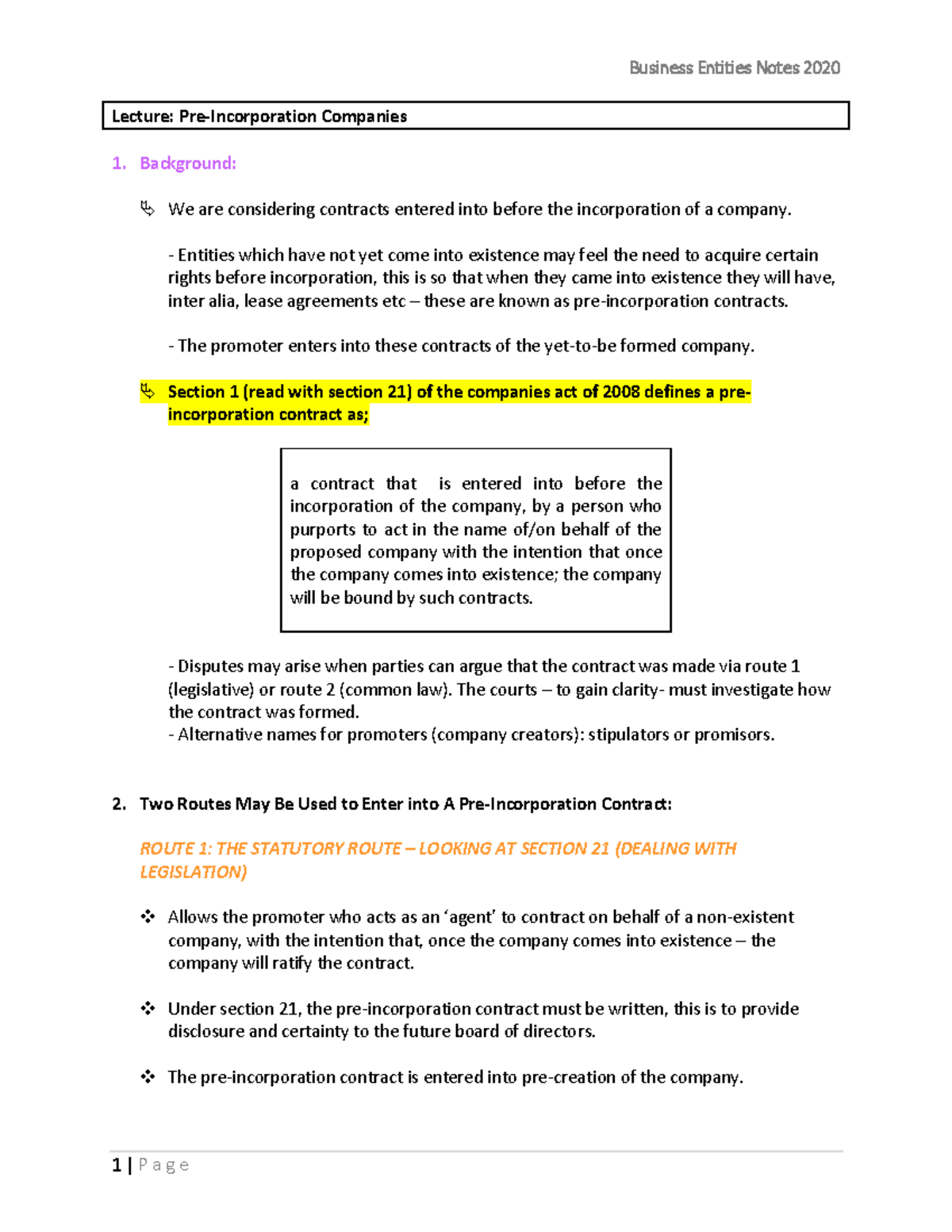Business Entities - Pre-Incorporation Contract Notes 2020 - Wits ...