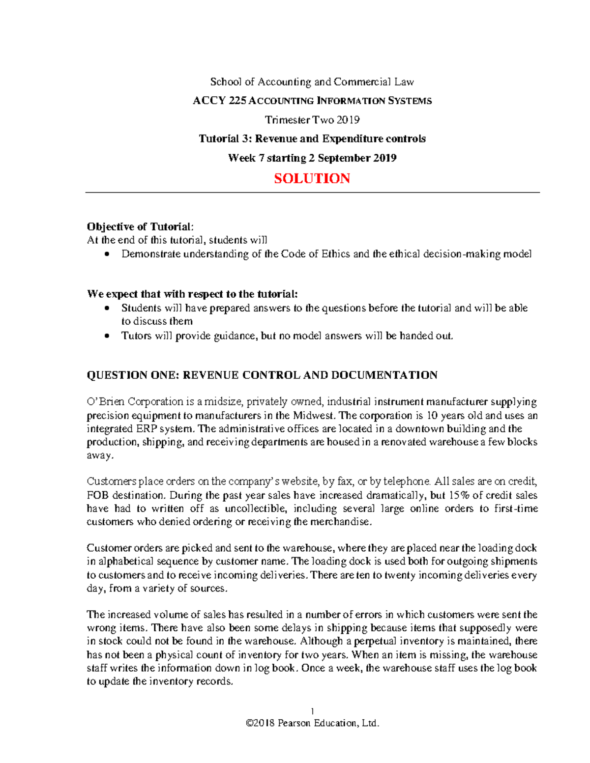 ACCY225-Tutorial-3-Solutions - Revenue and expenditure controls - 1 School of Accounting and ...