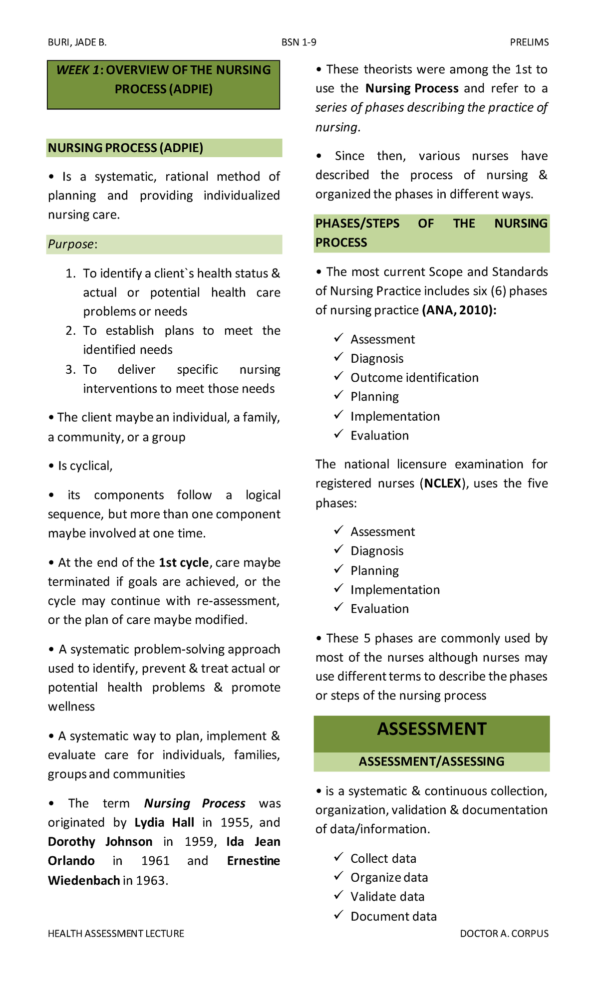 Prelim Lec Health Assessment - WEEK 1: OVERVIEW OF THE NURSING PROCESS ...