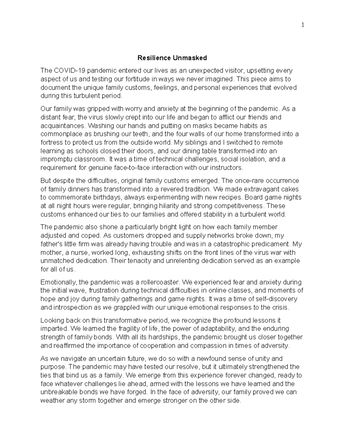 Covid 19 Essay Improved - 1 Resilience Unmasked The COVID-19 pandemic ...