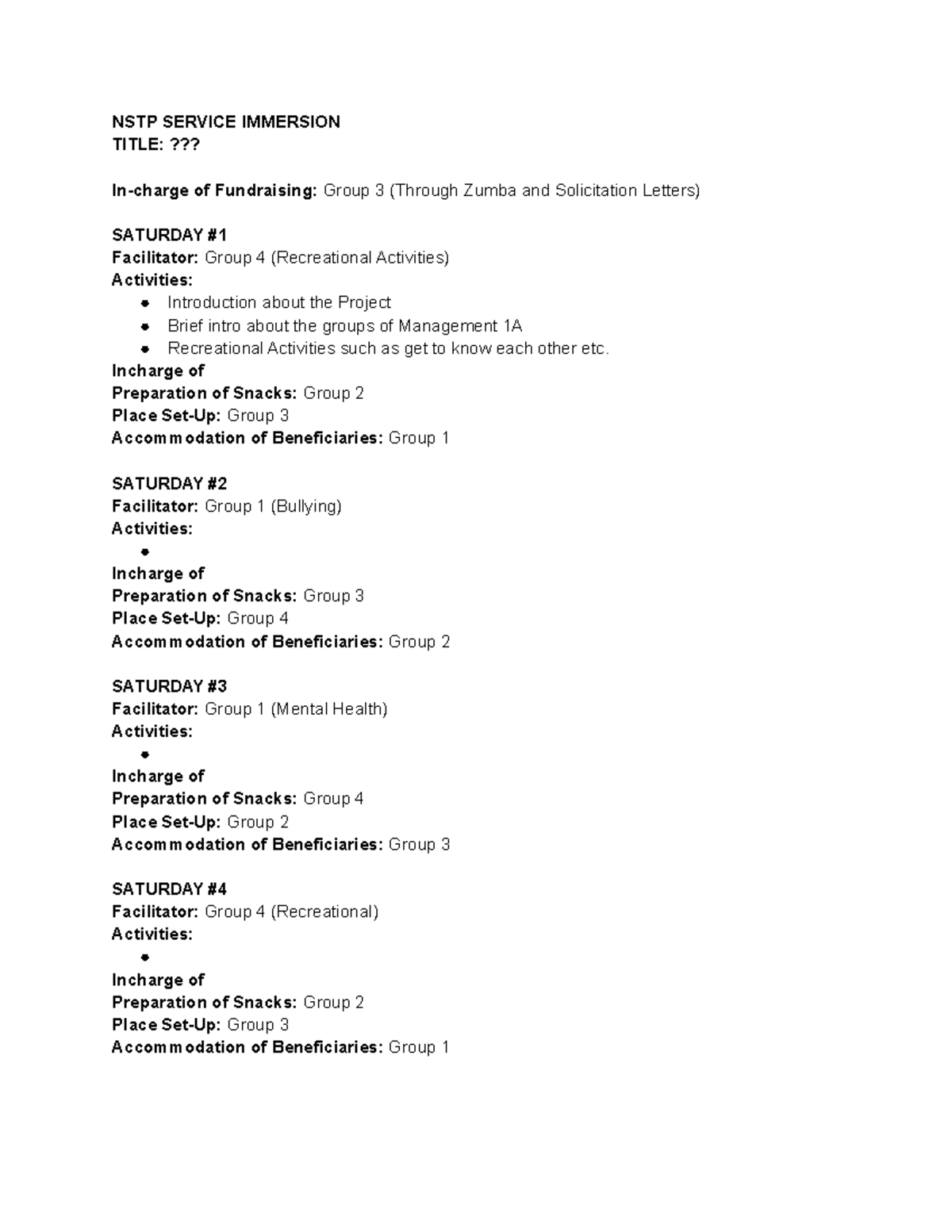 NSTP Plan - NHHJHJ - NSTP SERVICE IMMERSION TITLE: ??? In-charge of ...