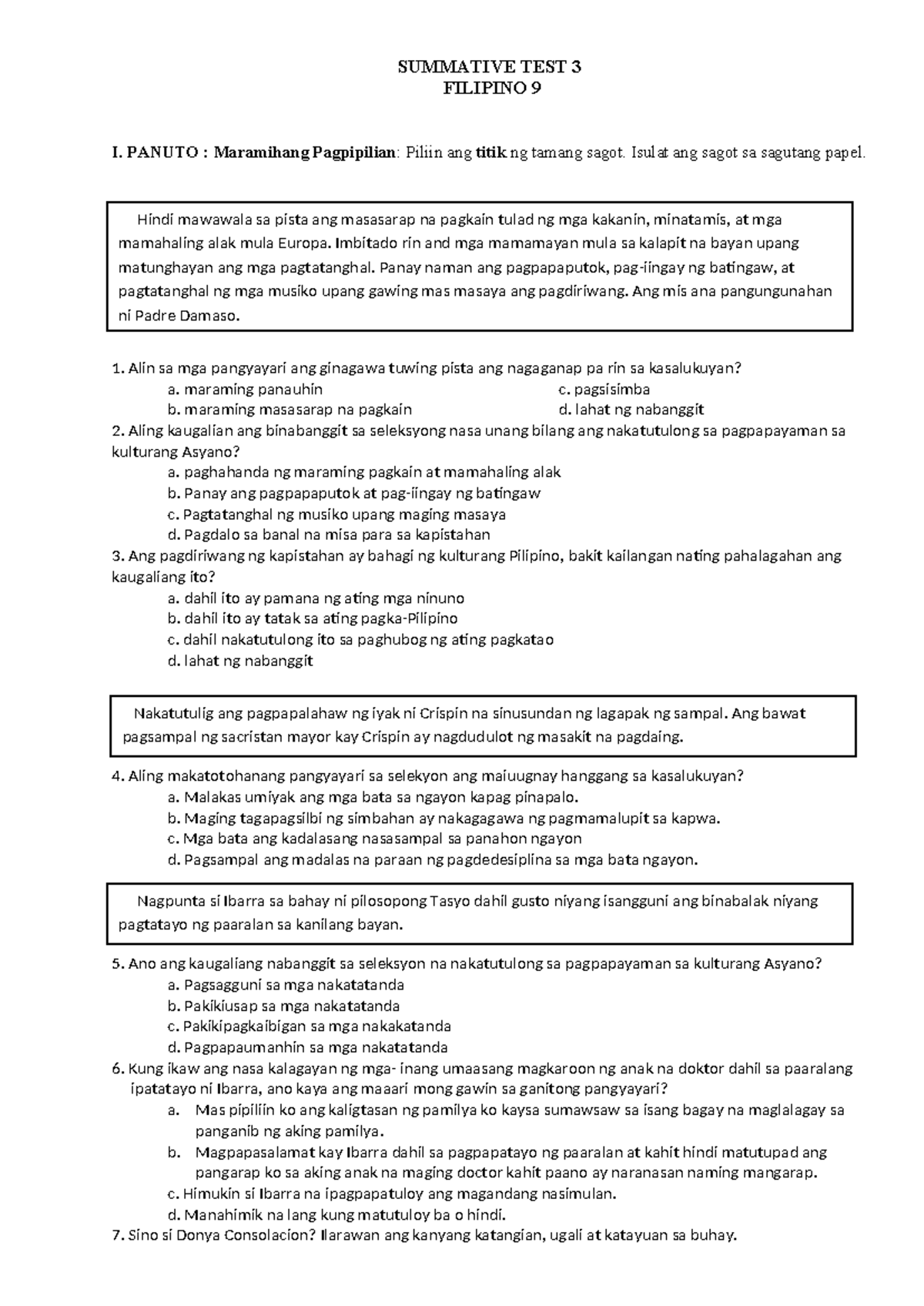 FIL 9 Summative TEST 3 - SUMMATIVE TEST 3 FILIPINO 9 I. PANUTO ...