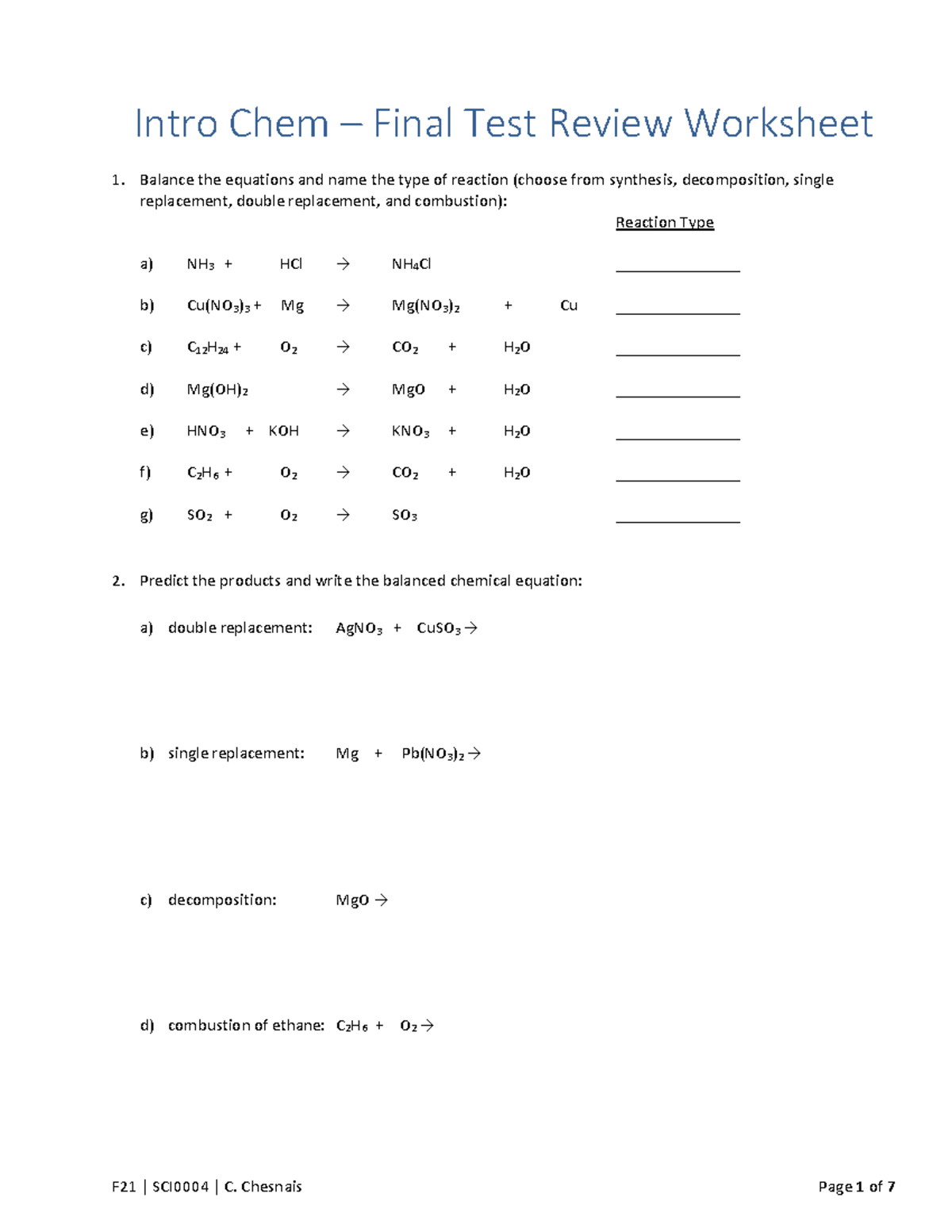 F22 Final Test Review Worksheet - Intro Chem – Final Test Review ...