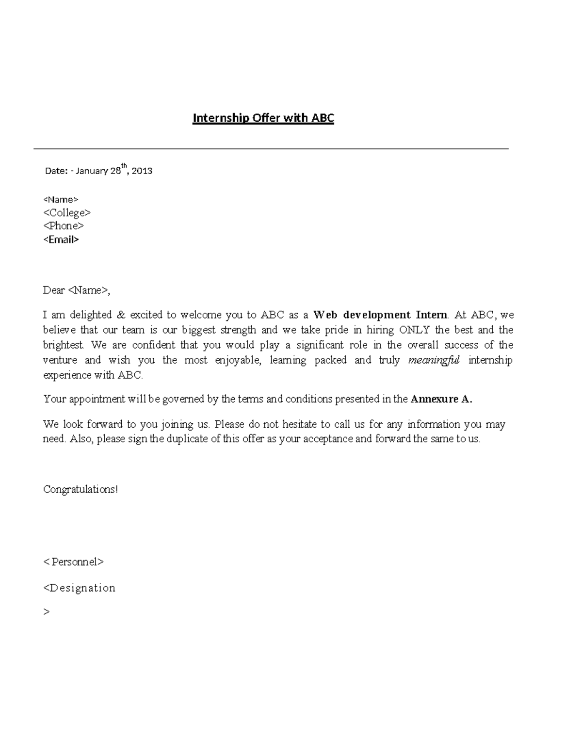 Sample Offer Letter - Date: - January 28 th , 2013 - Studocu