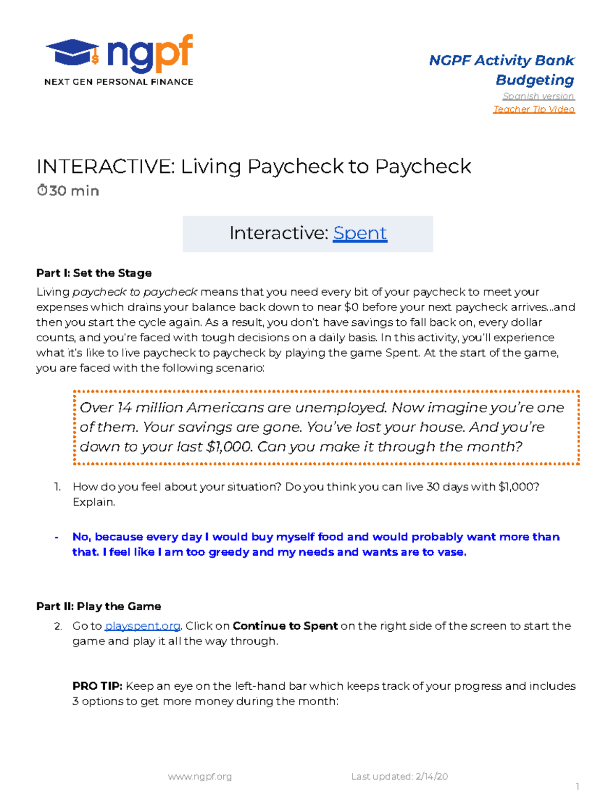 3 - IDK - NGPF Activity Bank Budgeting Spanish version Teacher Tip ...