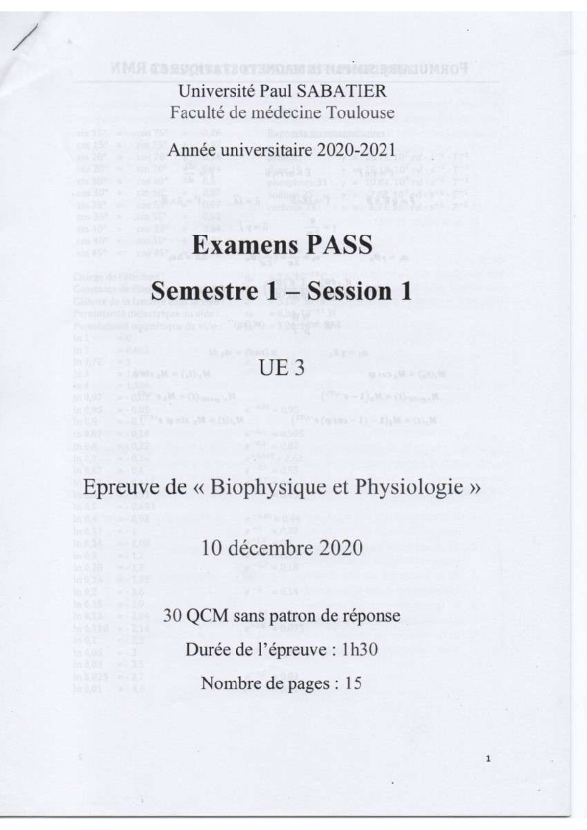 Examen Biophysique PASS 2020-2021-Toulouse - PASS UE3 : Biophysique/Physiologie - Studocu