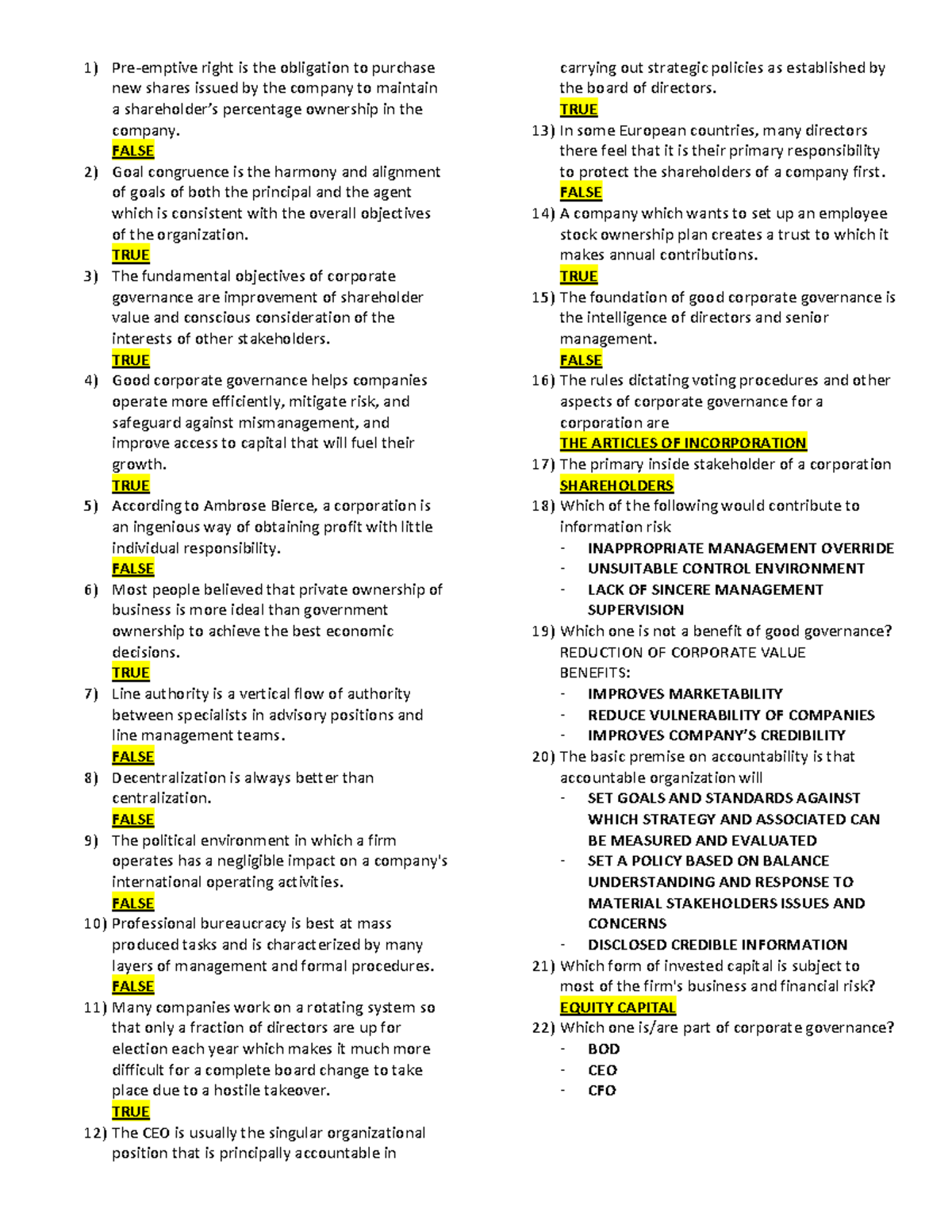 GOVERNANCE SUMMARY FOR PRELIMINARIES THIRD YEAR - Pre-emptive right is ...